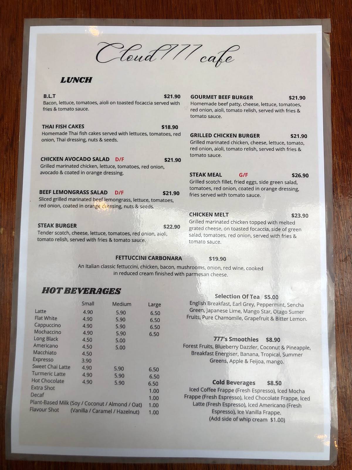 Menu at Cloud 777 Cafe, Auckland, 165 Harris Rd