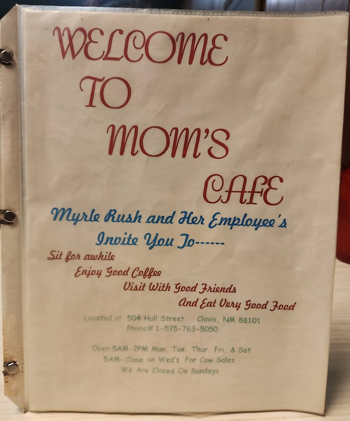 Menu at Mom's Cafe, Clovis