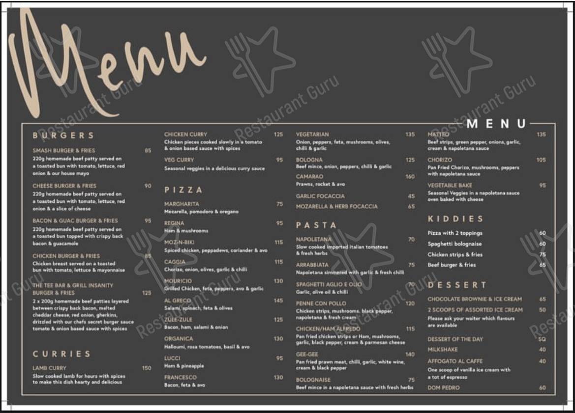 Menu at Glendower Golf Club, Edenvale