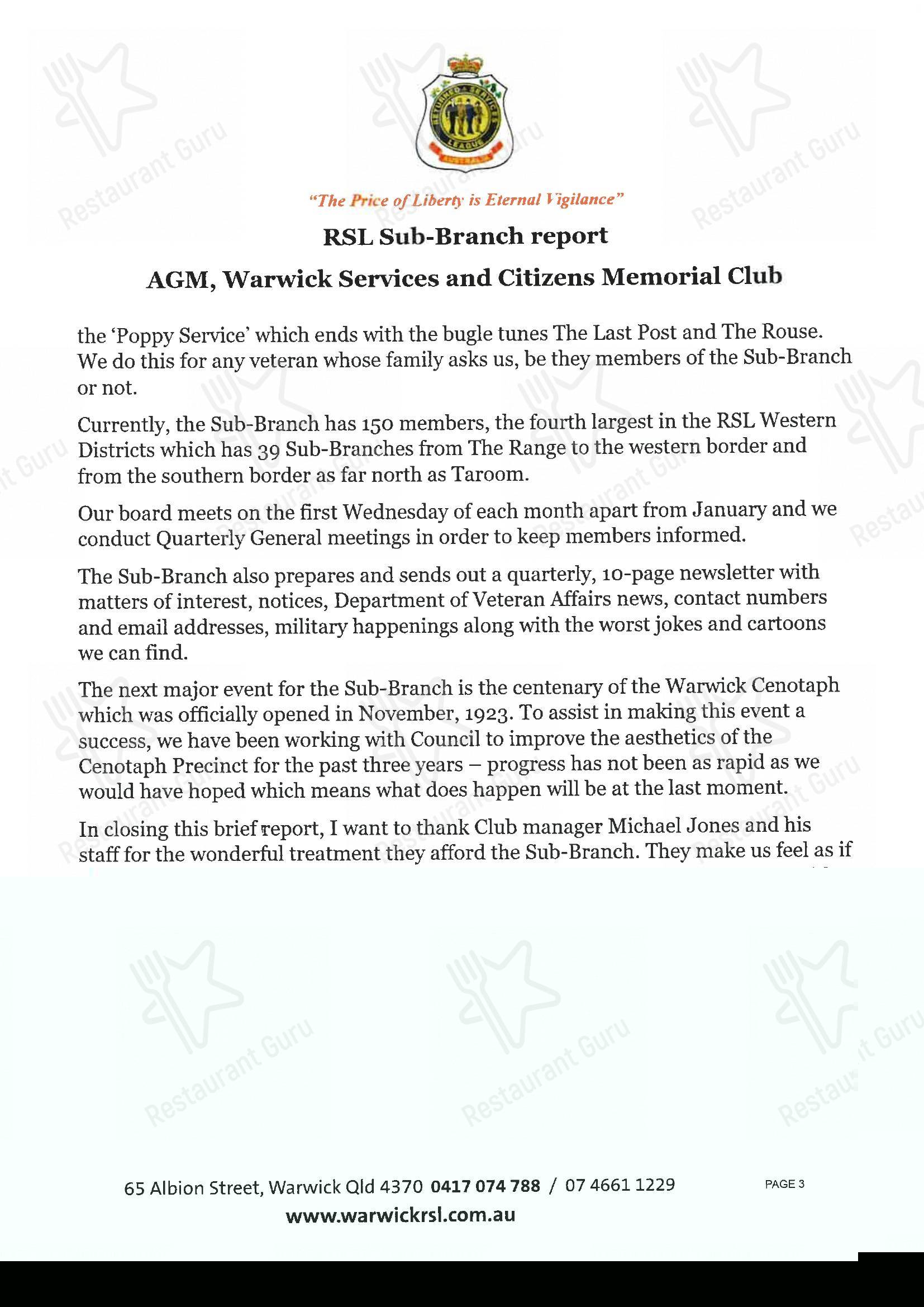 Menu at Club Warwick RSL, Warwick