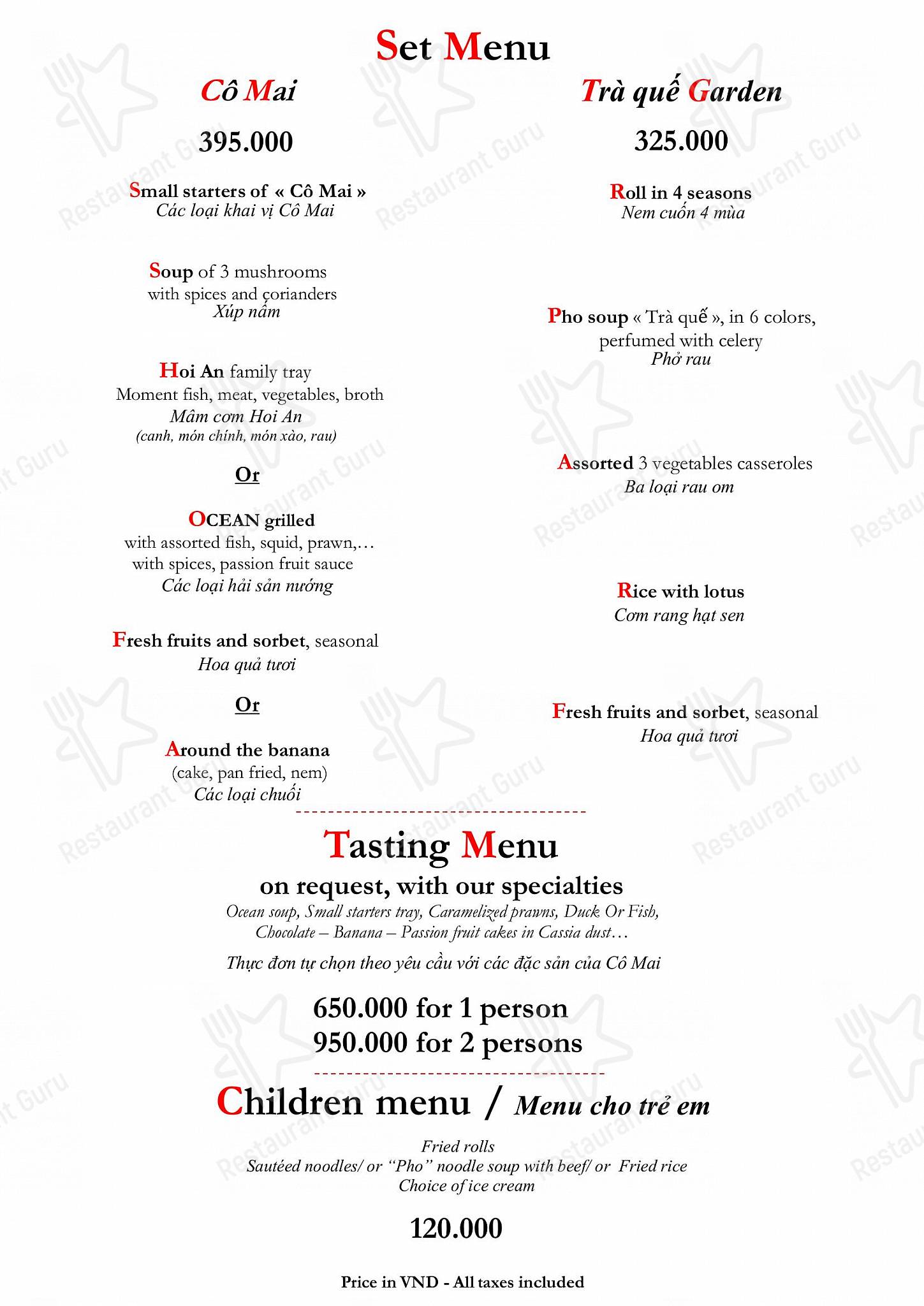 Menu at Madame Hiền restaurant, Hoi An
