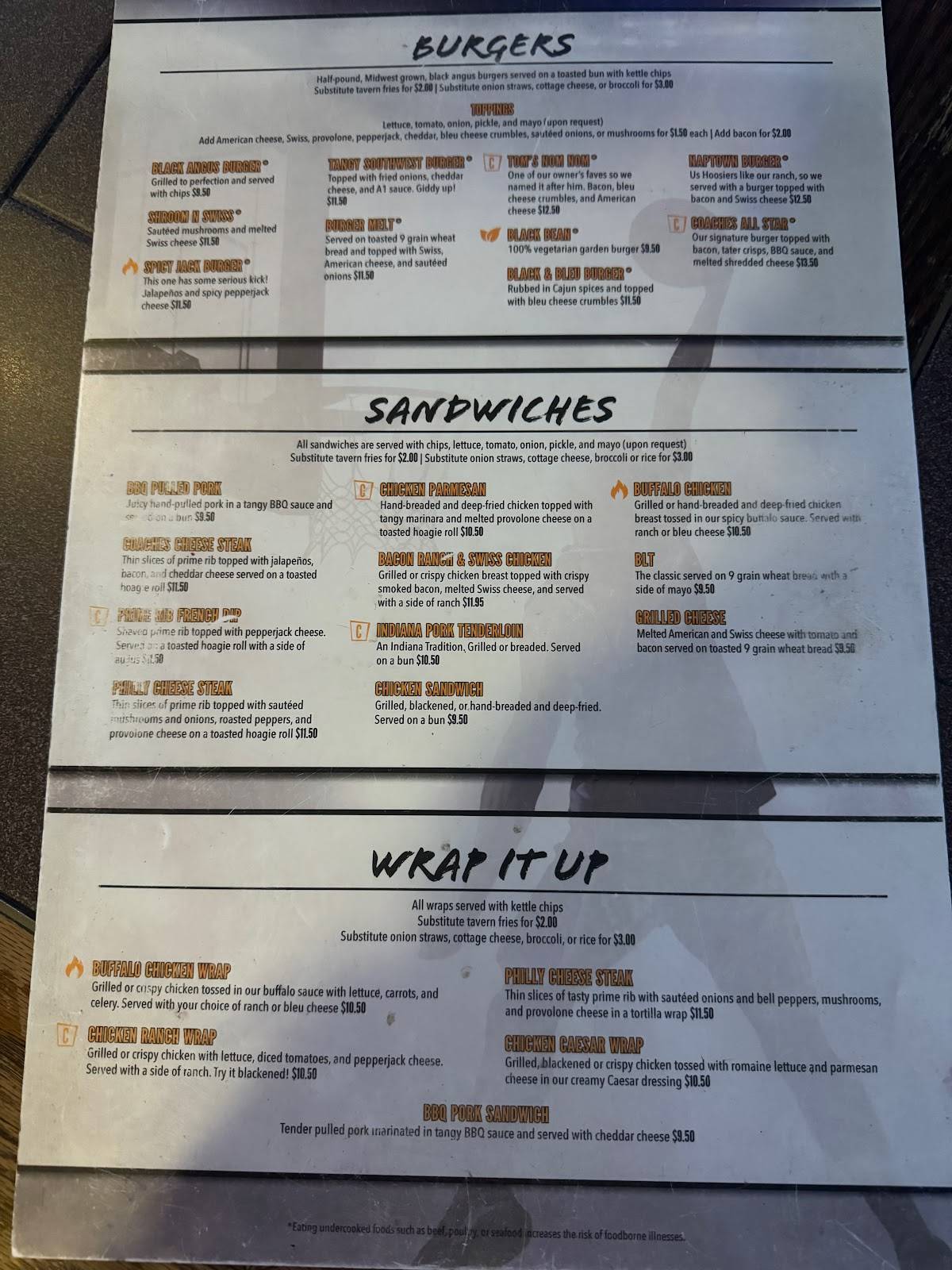 Menu at Coaches Tavern pub & bar, Indianapolis