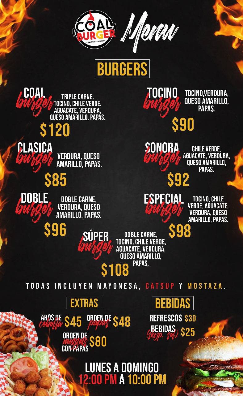 Carta del restaurante Coal Burger, Hermosillo