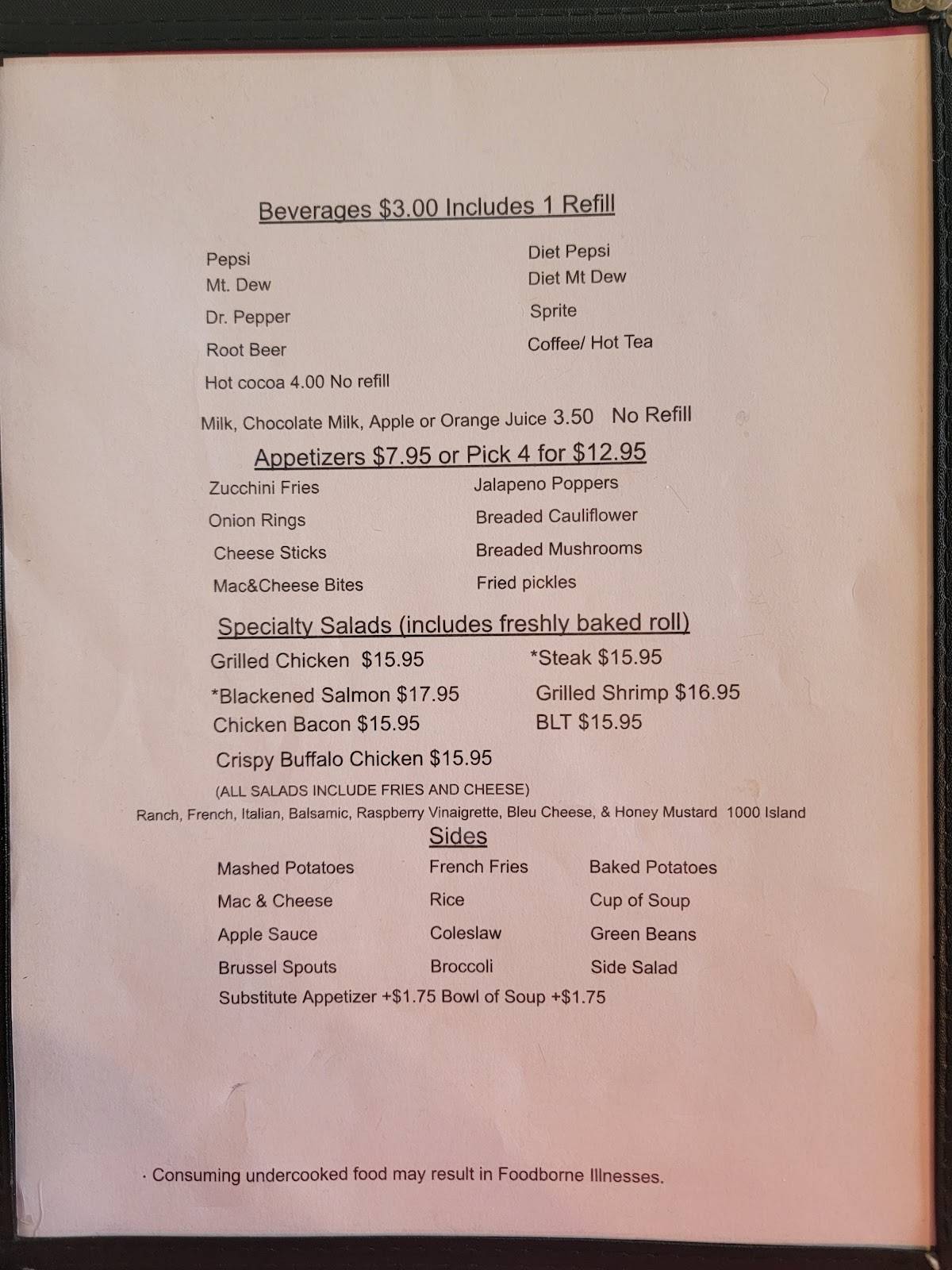 Menu at Coal Miner's Diner restaurant, Jennerstown