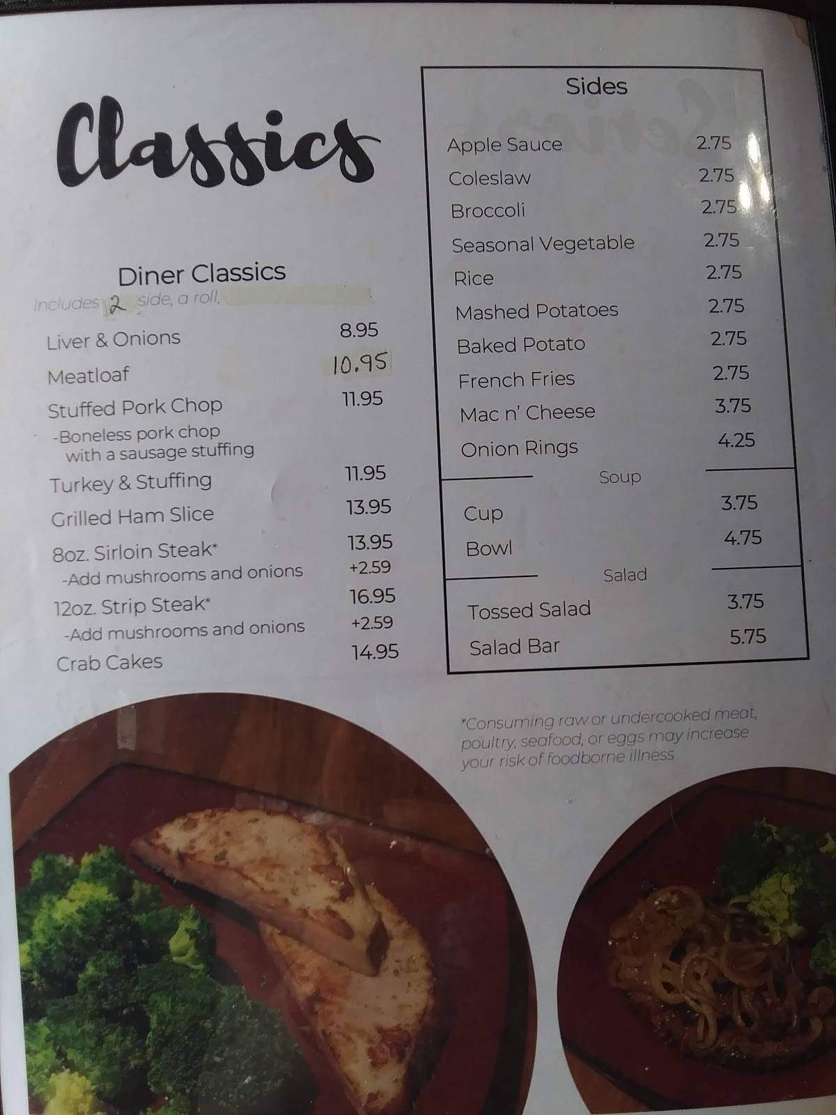 Menu at Coal Miner's Diner restaurant, Jennerstown