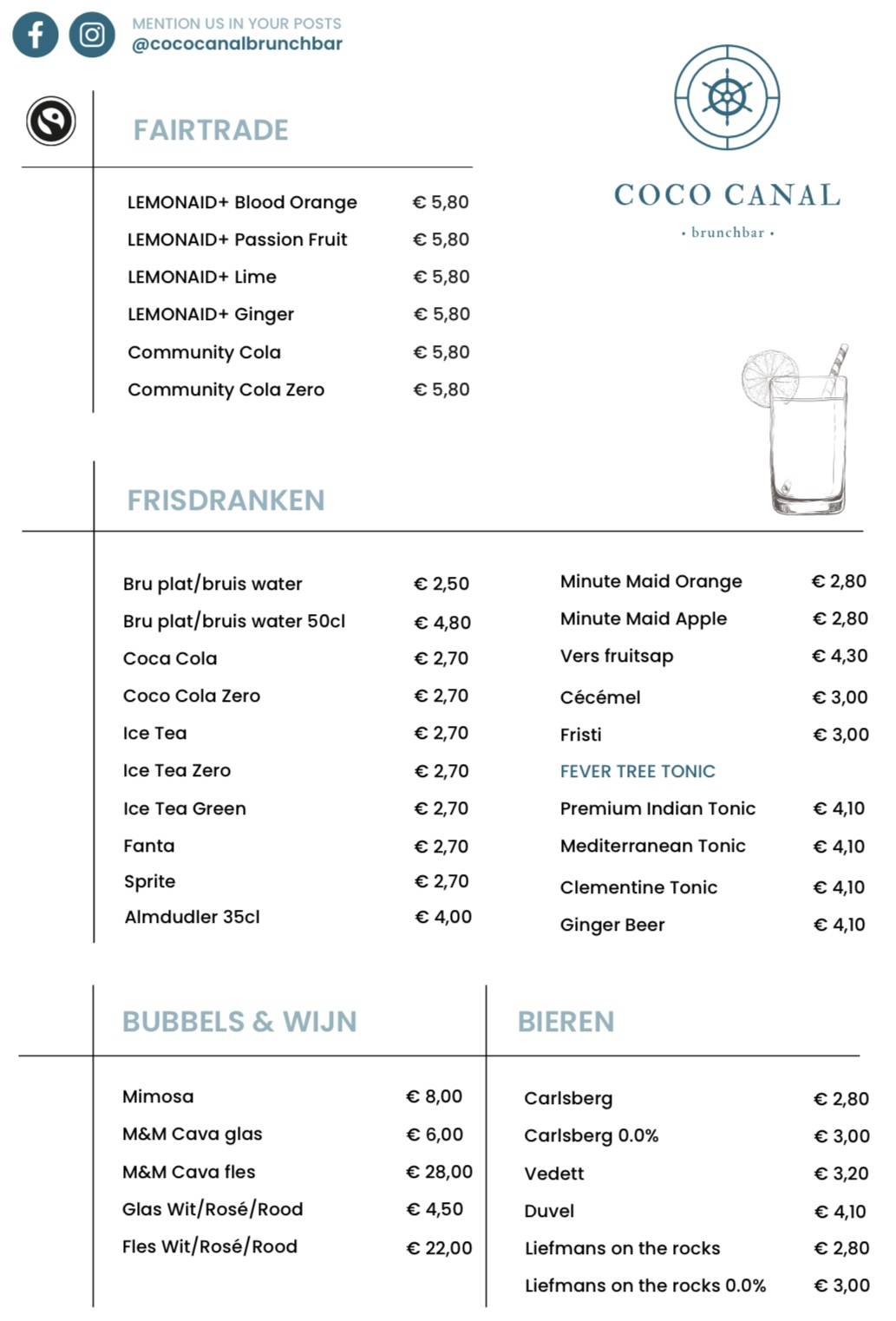 Menu at Coco Canal, Willebroek