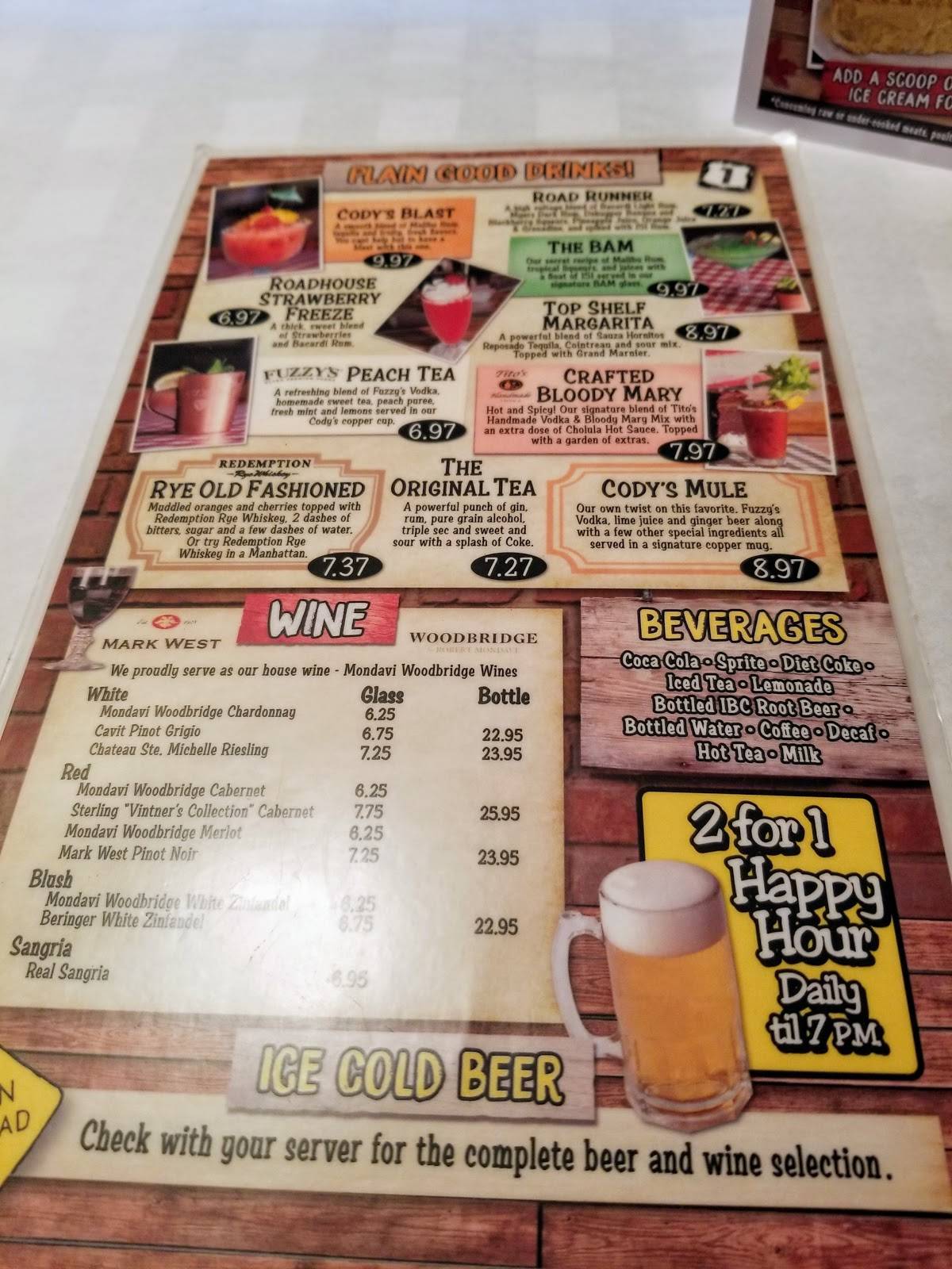 Menu at Cody's Original Roadhouse - Sebring pub & bar, Sebring