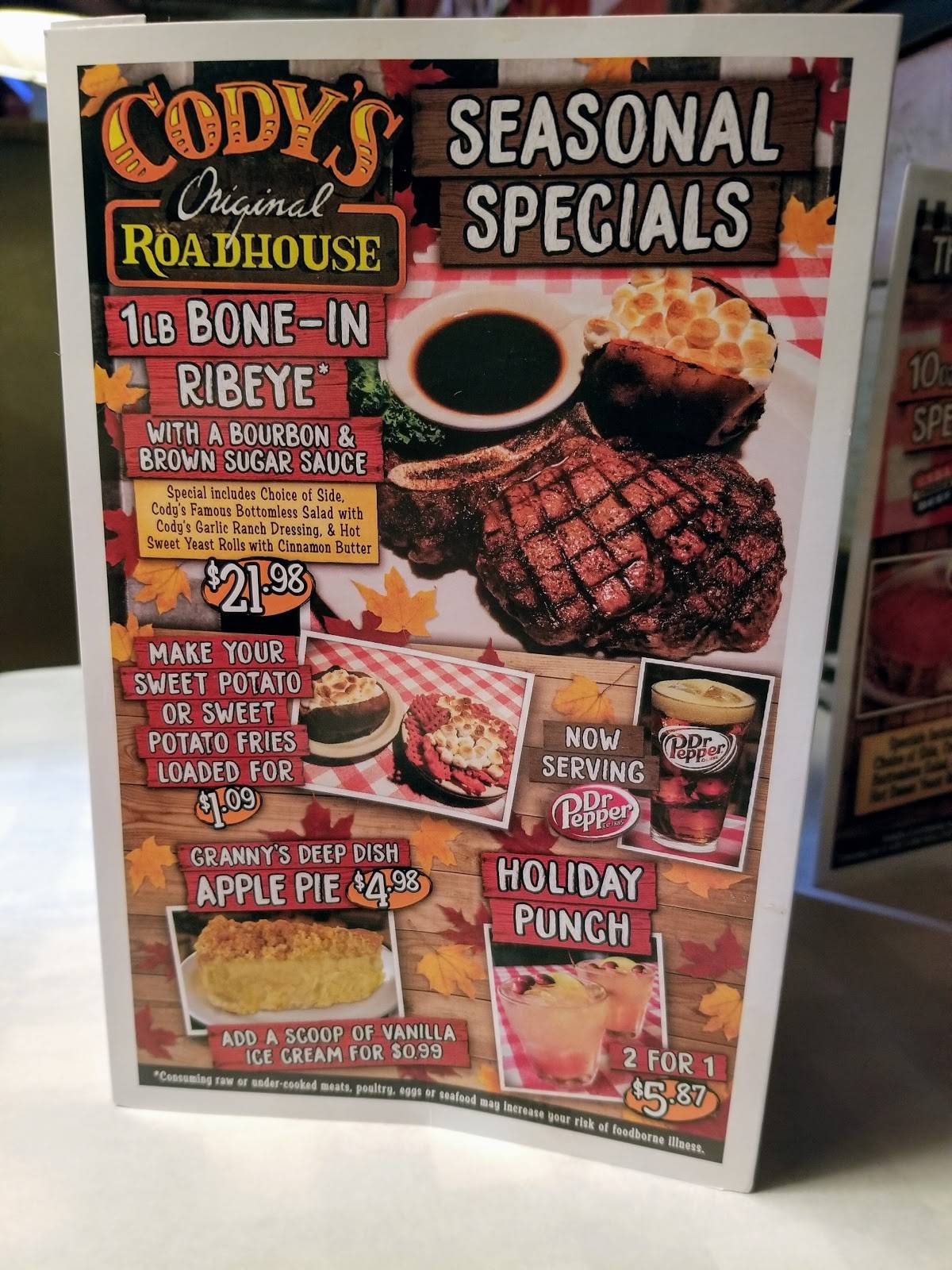 Menu at Cody's Original Roadhouse - Sebring pub & bar, Sebring