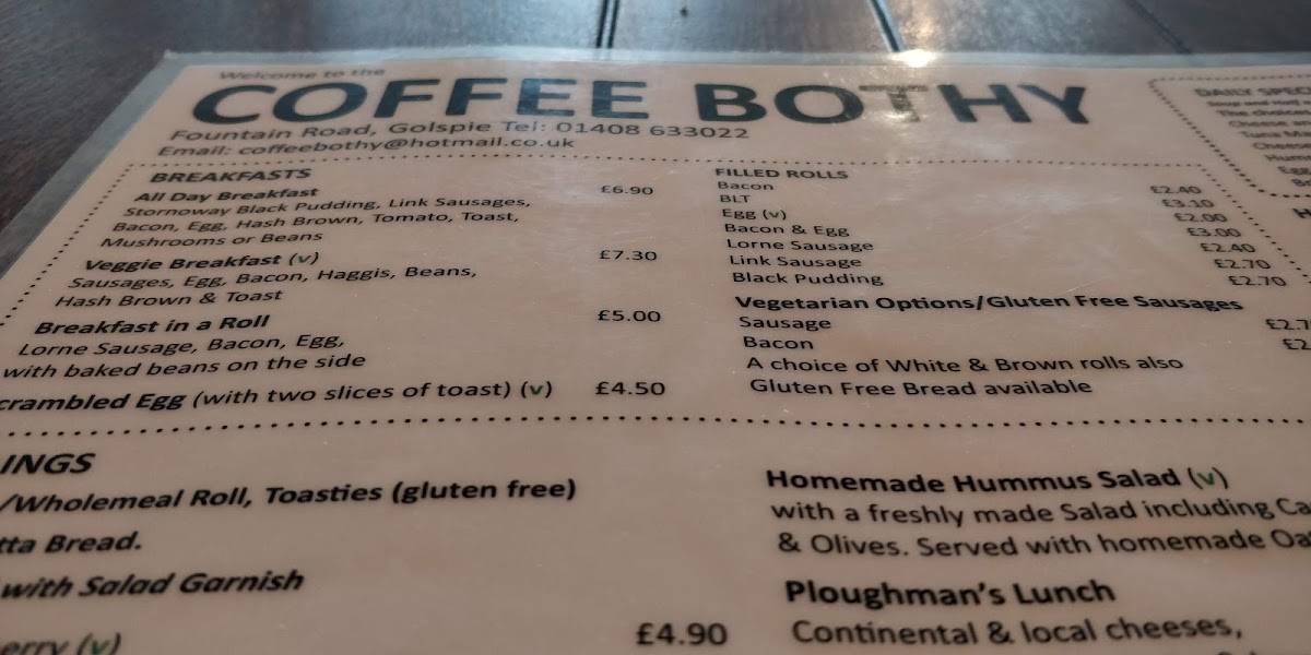 Menu at Coffee Bothy cafe, Golspie