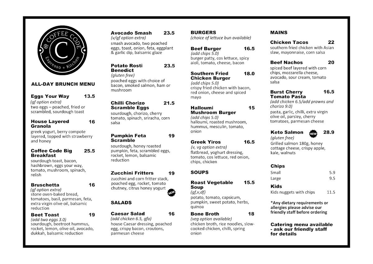 Menu at Coffee Code cafe, Nedlands