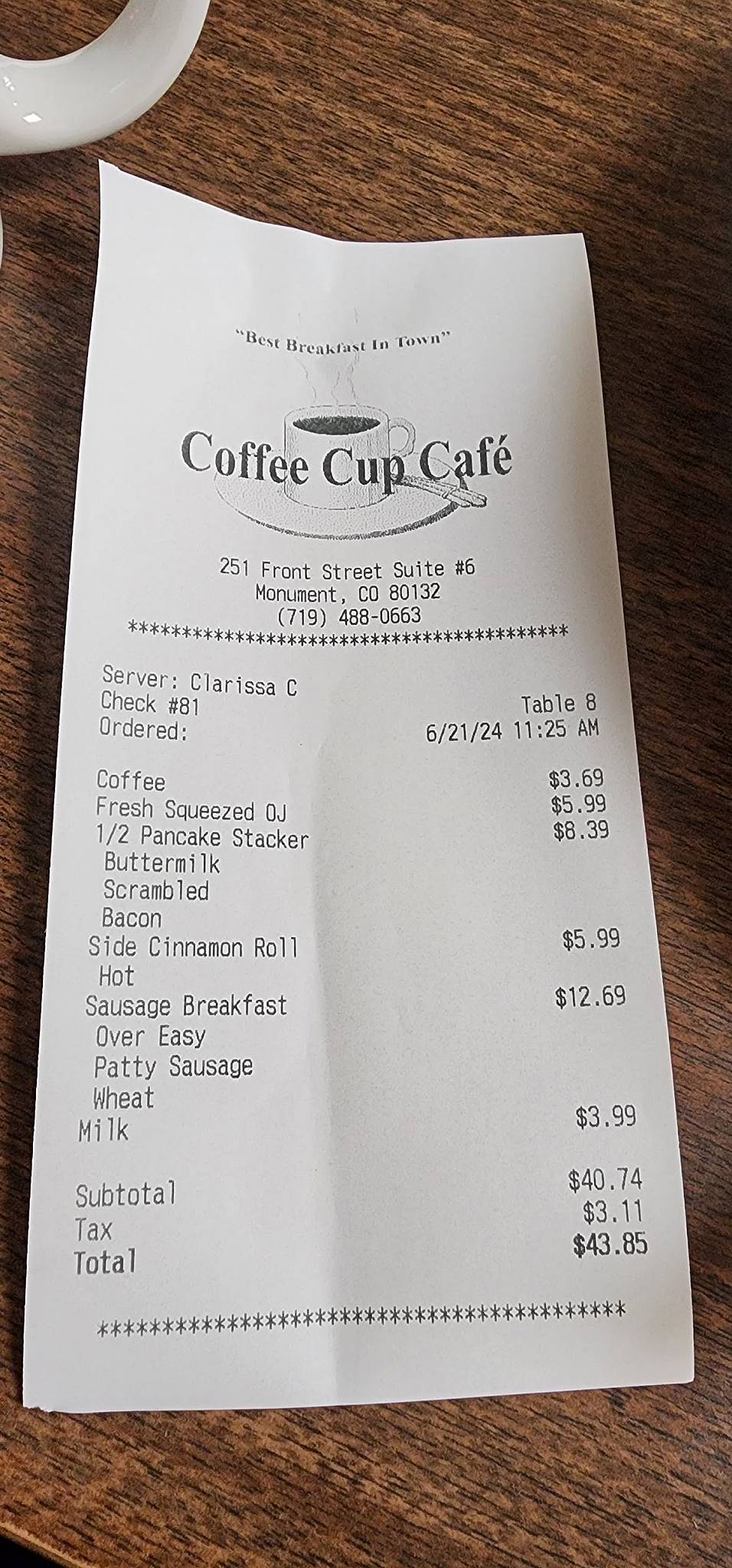 Menu at Coffee Cup Cafe, Monument