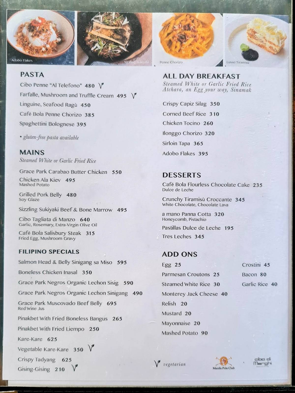 Menu at Cogon Village Manila Polo Club, Makati