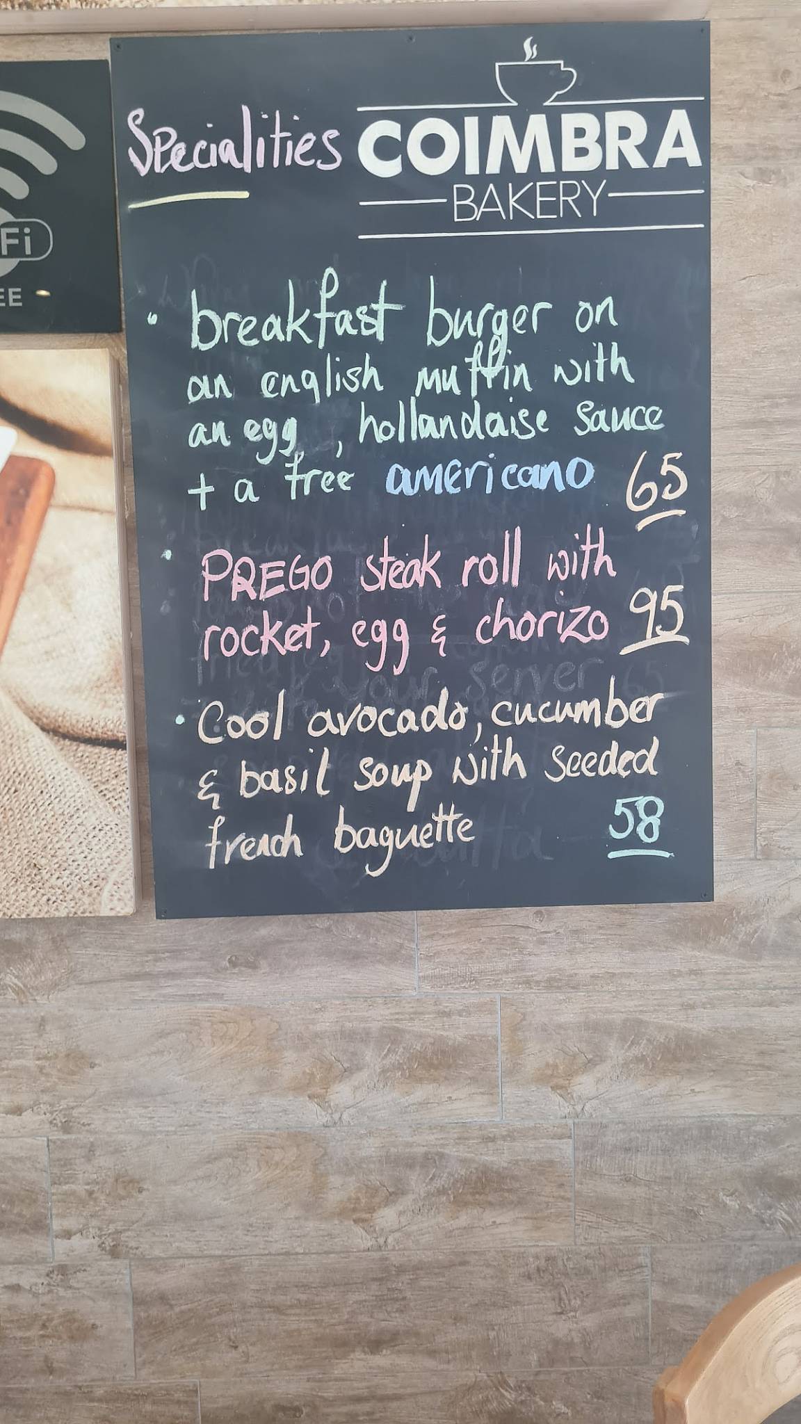 Menu at Coimbra Bakery, Cape Town