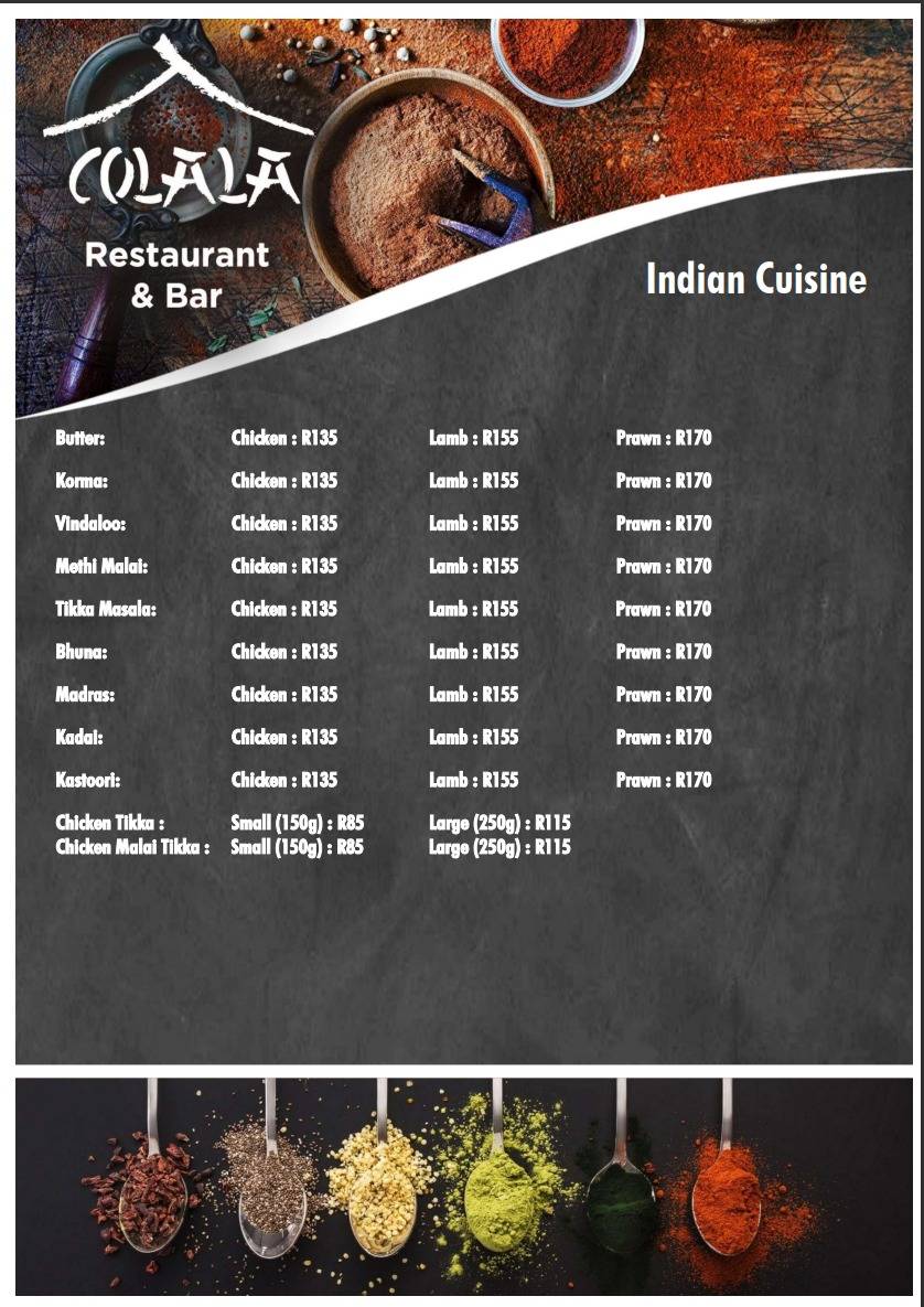 Menu at Colala restaurant & bar, Cape Town