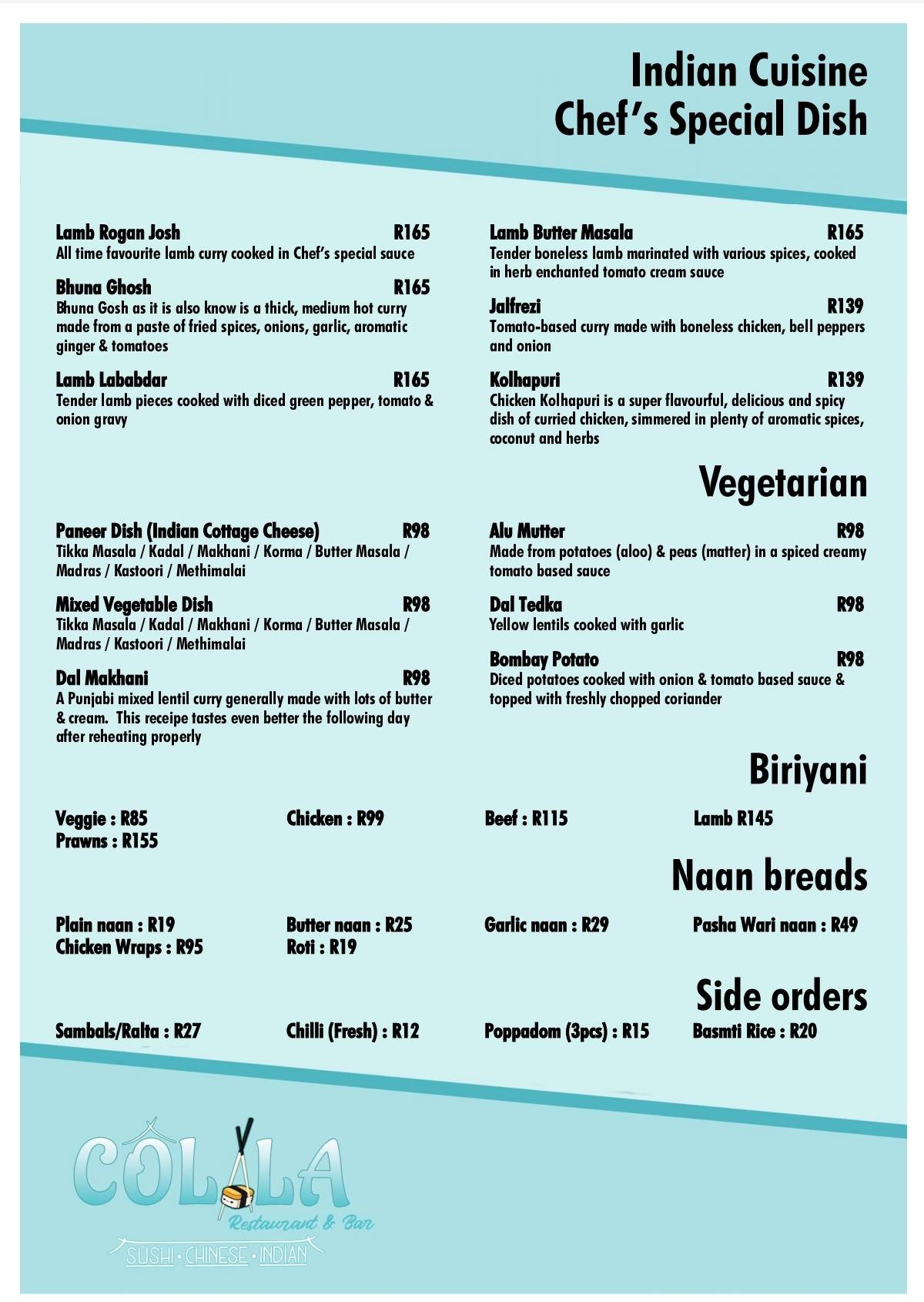 Menu at Colala restaurant & bar, Cape Town