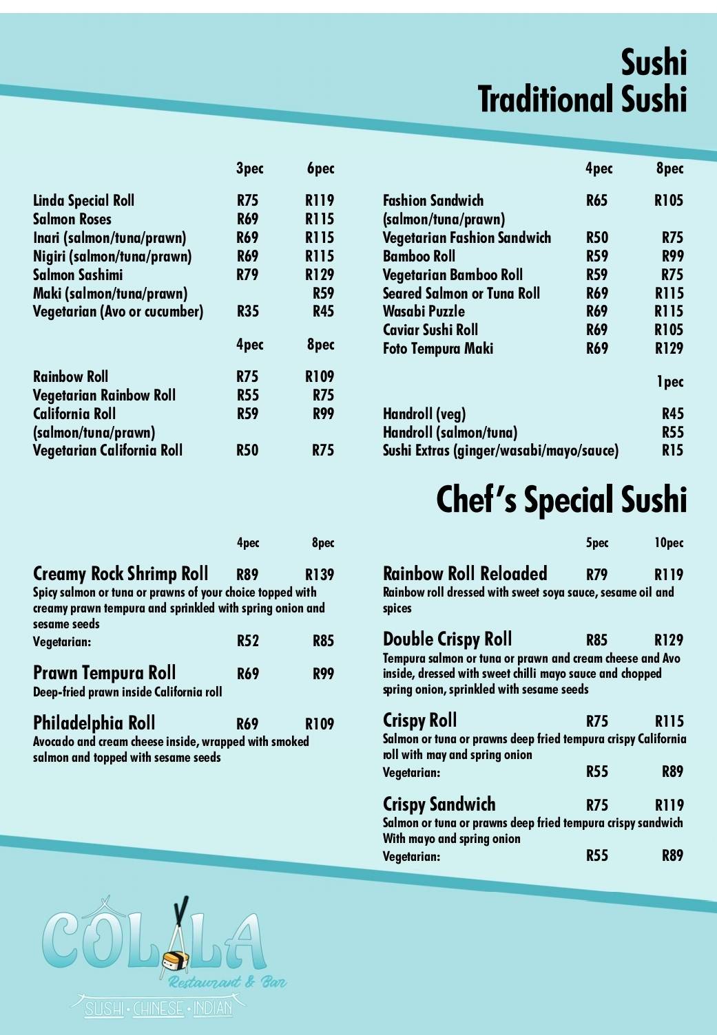 Menu at Colala restaurant & bar, Cape Town