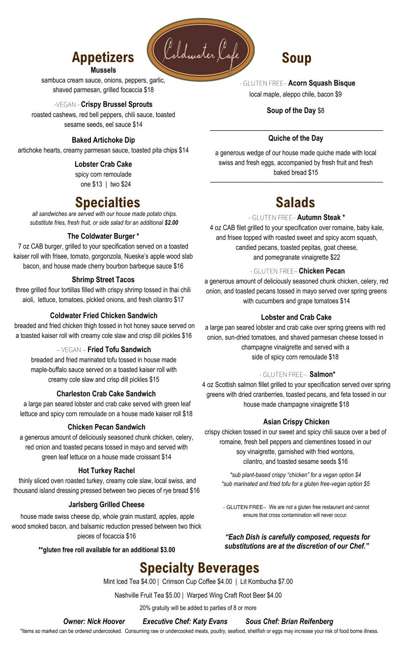 Menu at Coldwater Café restaurant, Tipp City