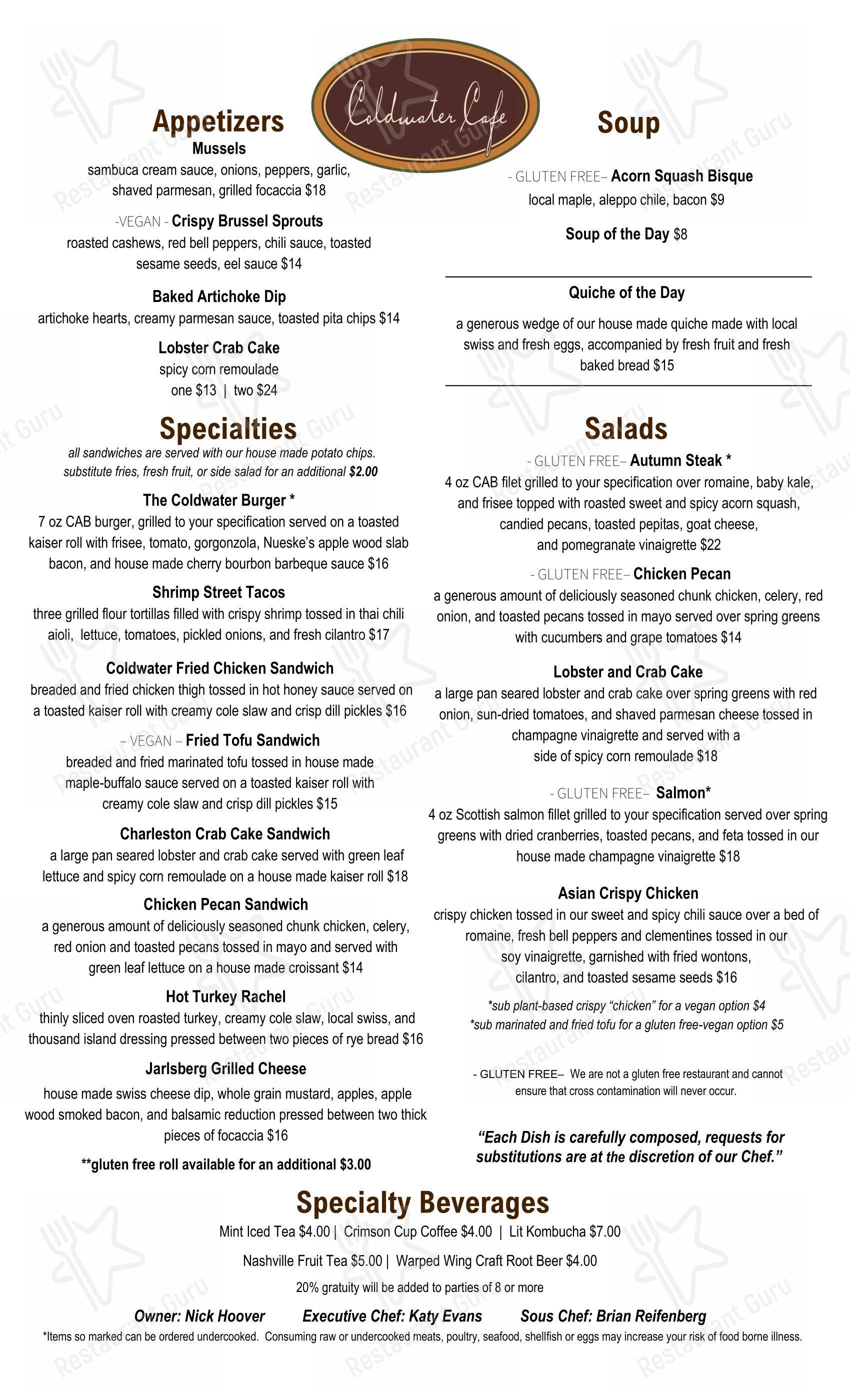 Menu at Coldwater Café restaurant, Tipp City