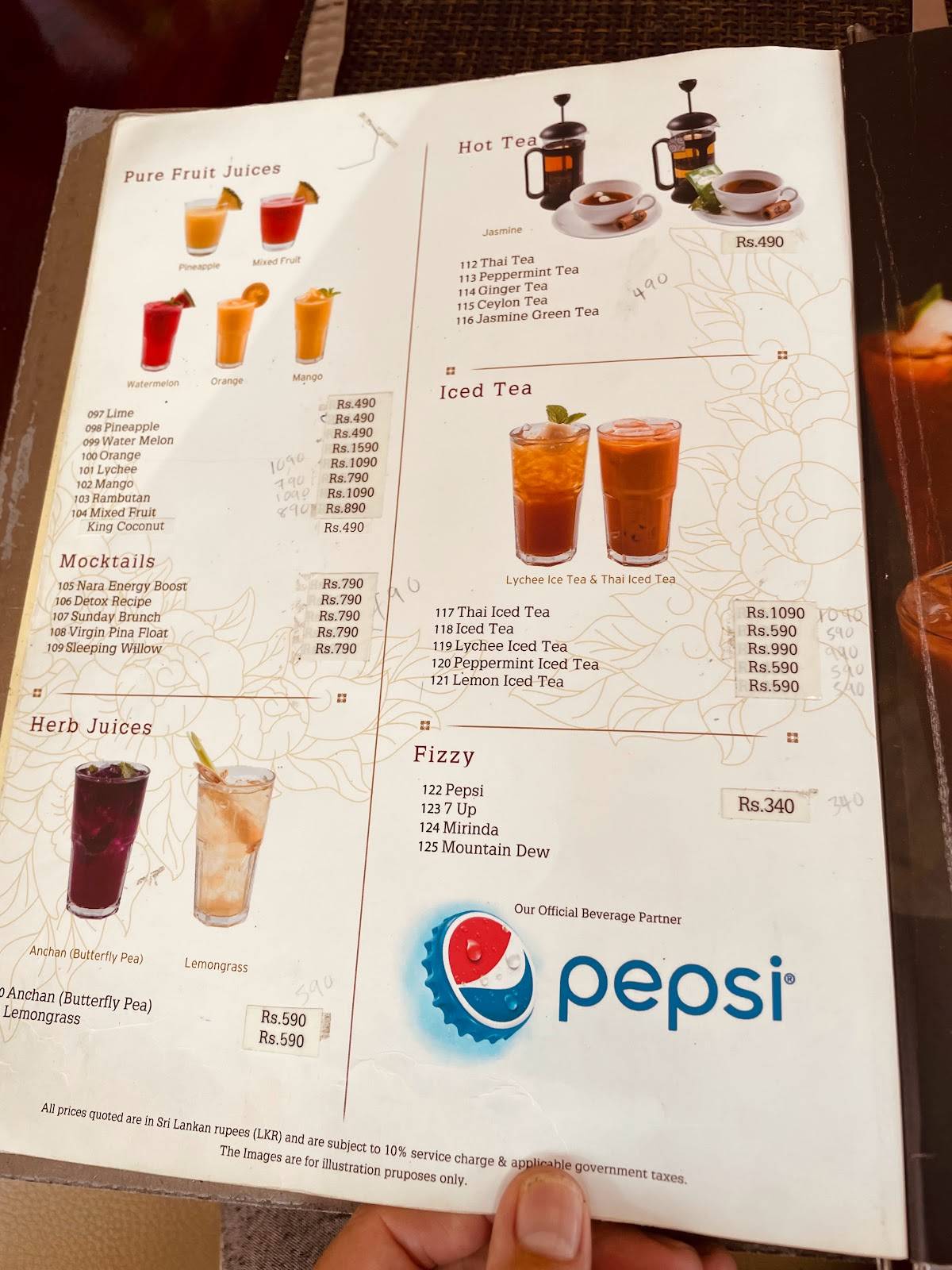 Menu at Nara Thai restaurant, Colombo