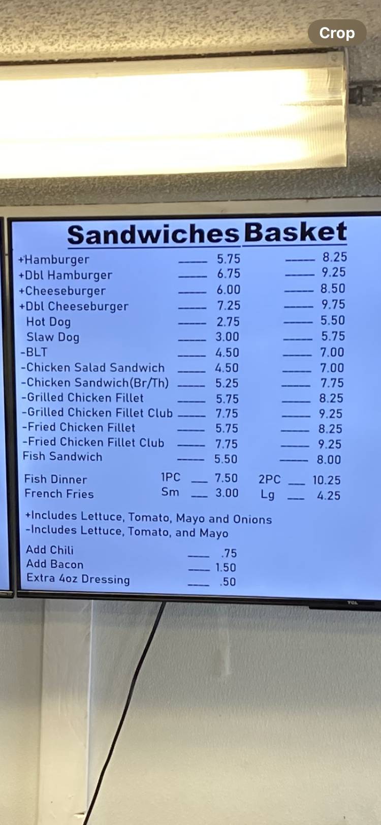 Menu at Bernie's Chicken restaurant, Columbia