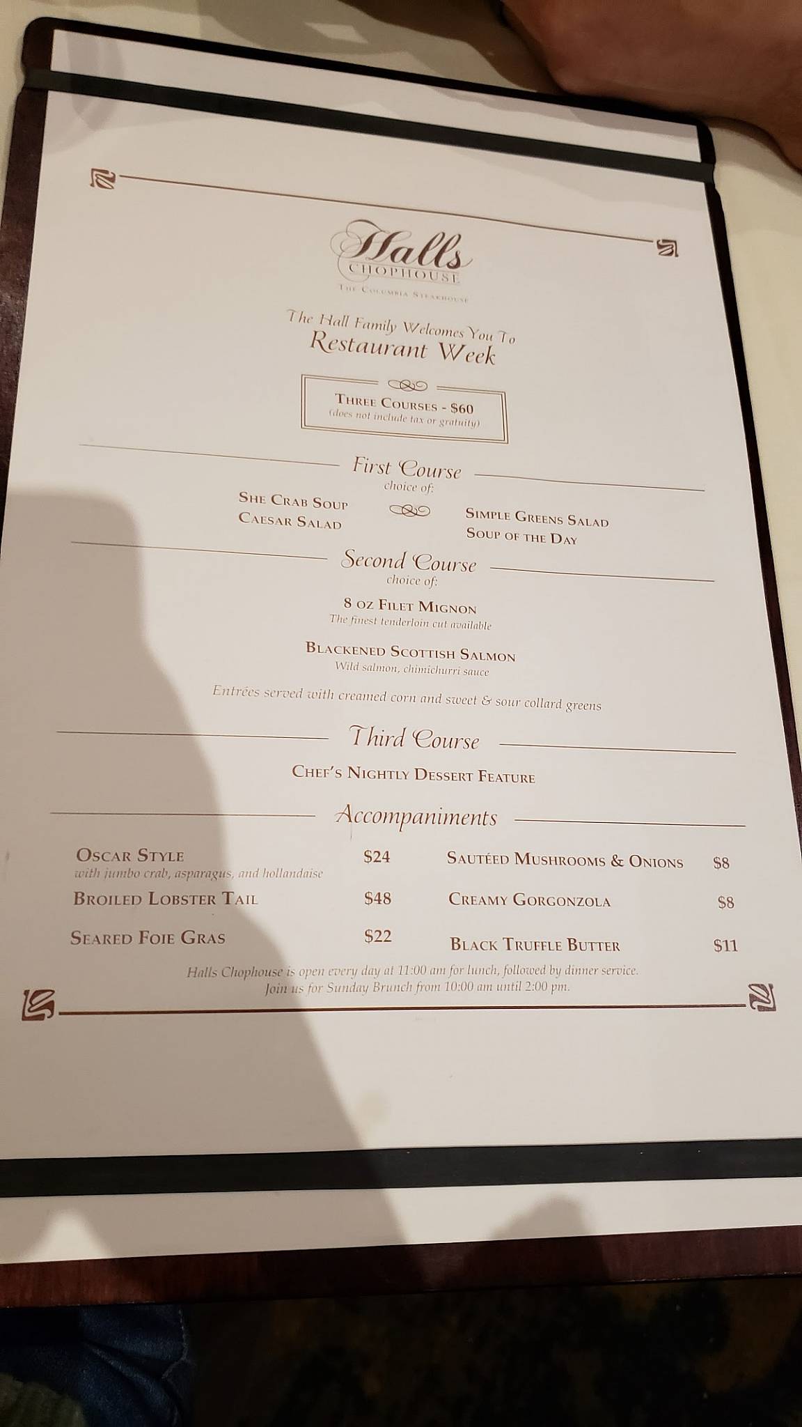 Menu at Halls Chophouse Columbia steakhouse, Columbia