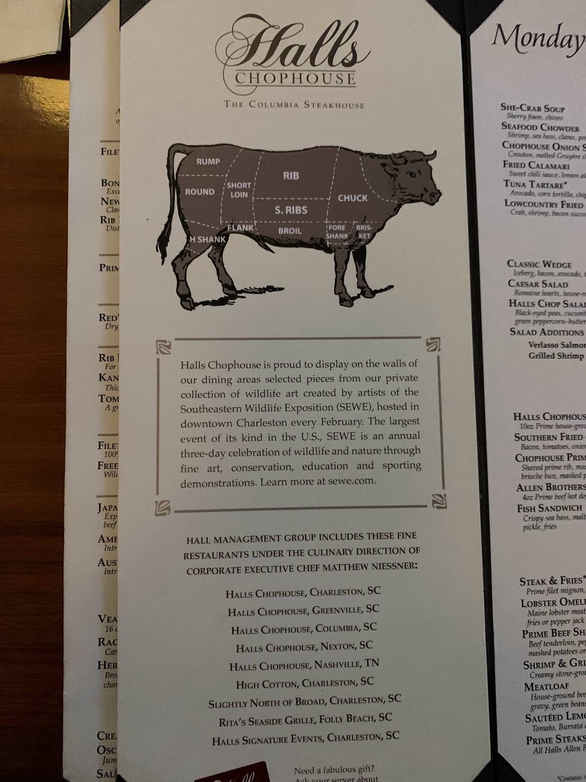 Menu at Halls Chophouse Columbia steakhouse, Columbia