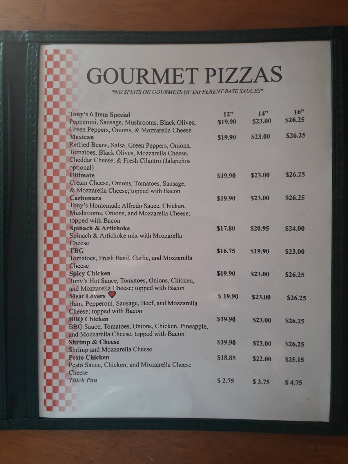 Menu at Tony's Italian Eatery pizzeria, Colville
