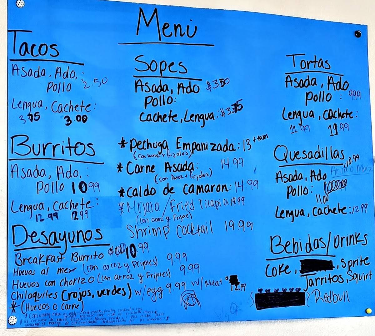 Carta del restaurante Comedor Mari, Basin City