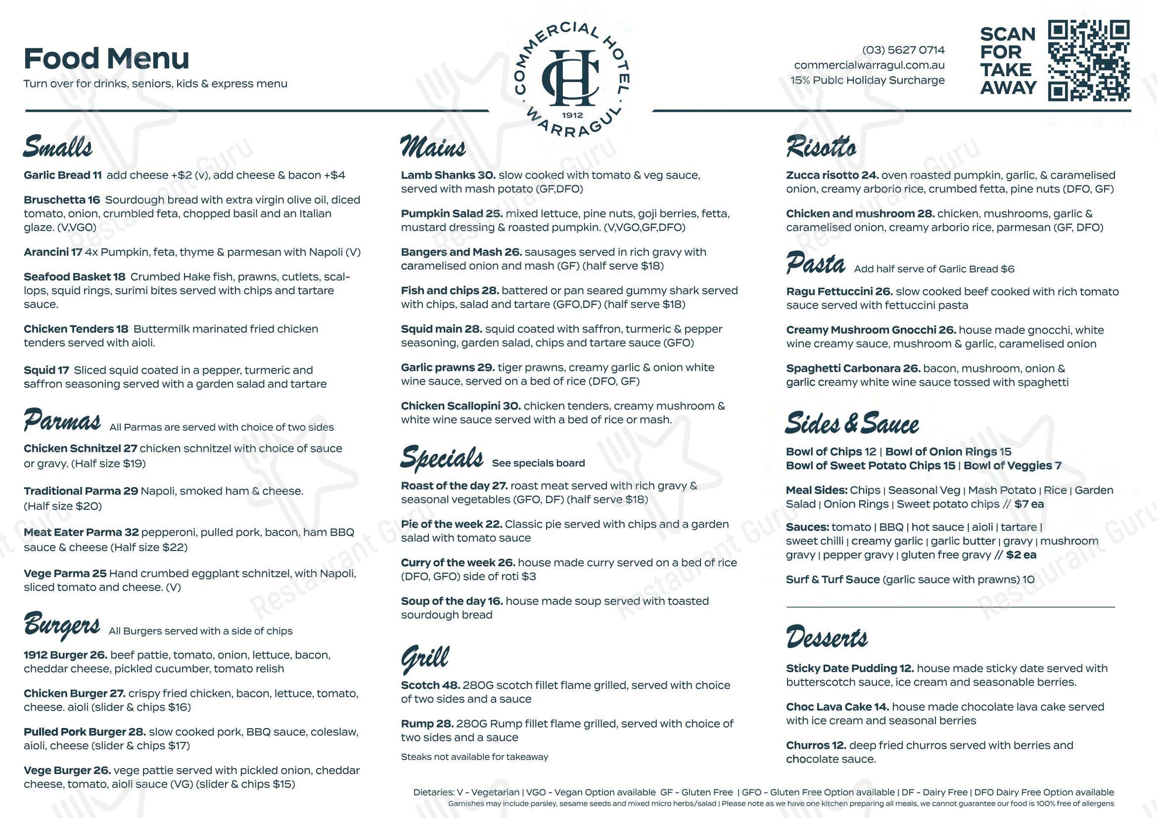 Menu at Commercial Hotel pub & bar, Warragul