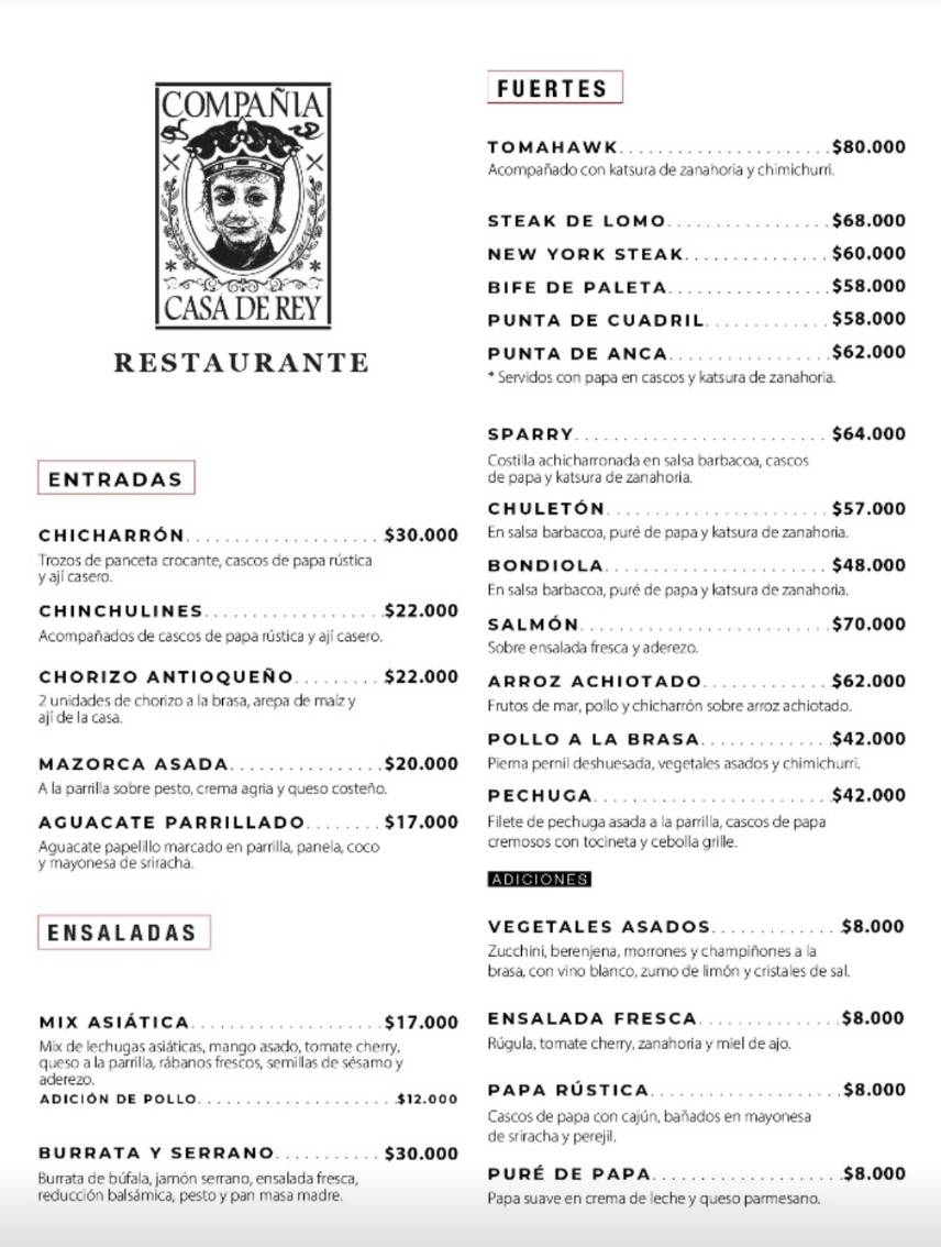 Carta del restaurante Compañía Casa del Rey, Bogotá
