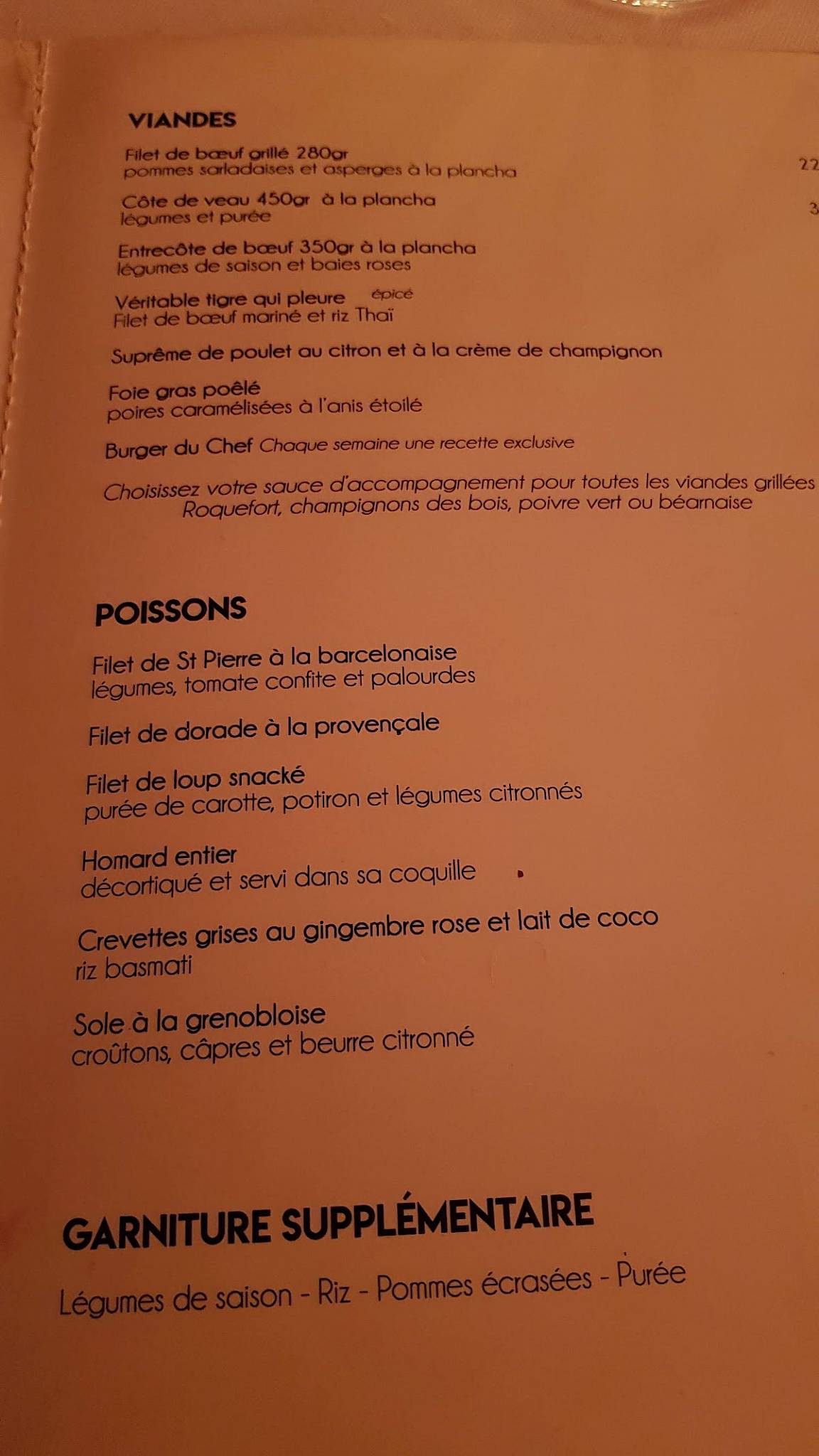 Menu au La Cascade restaurant, Casablanca