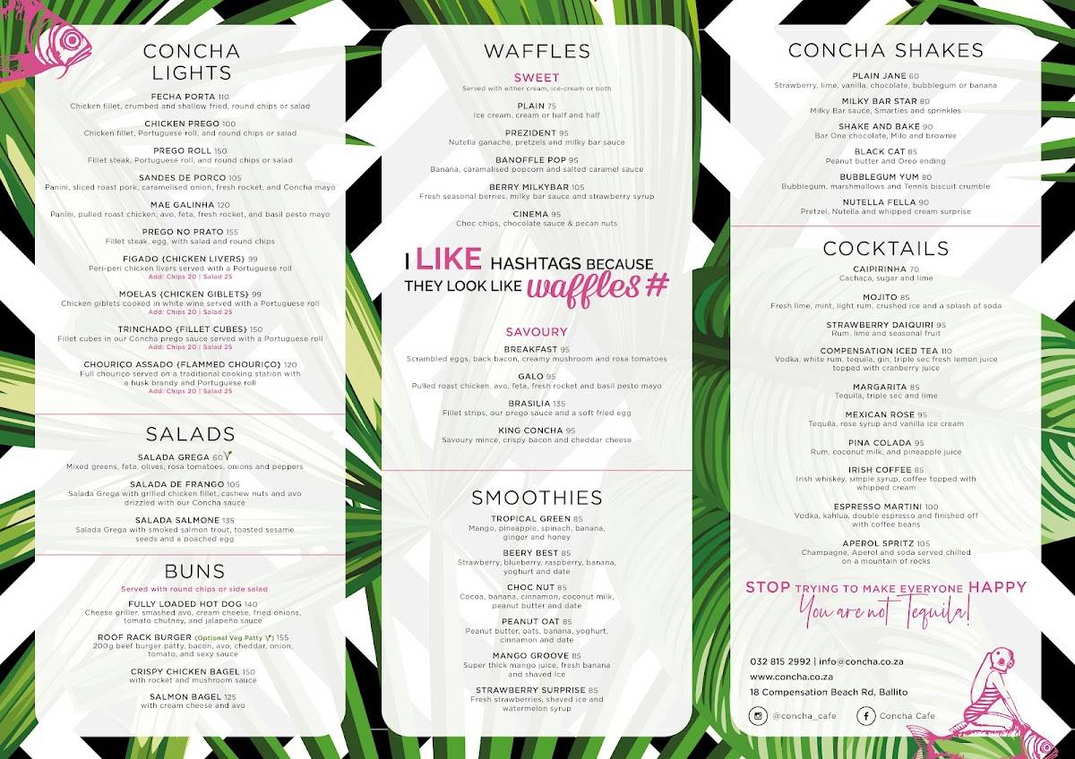 Menu au Concha café, Ballito