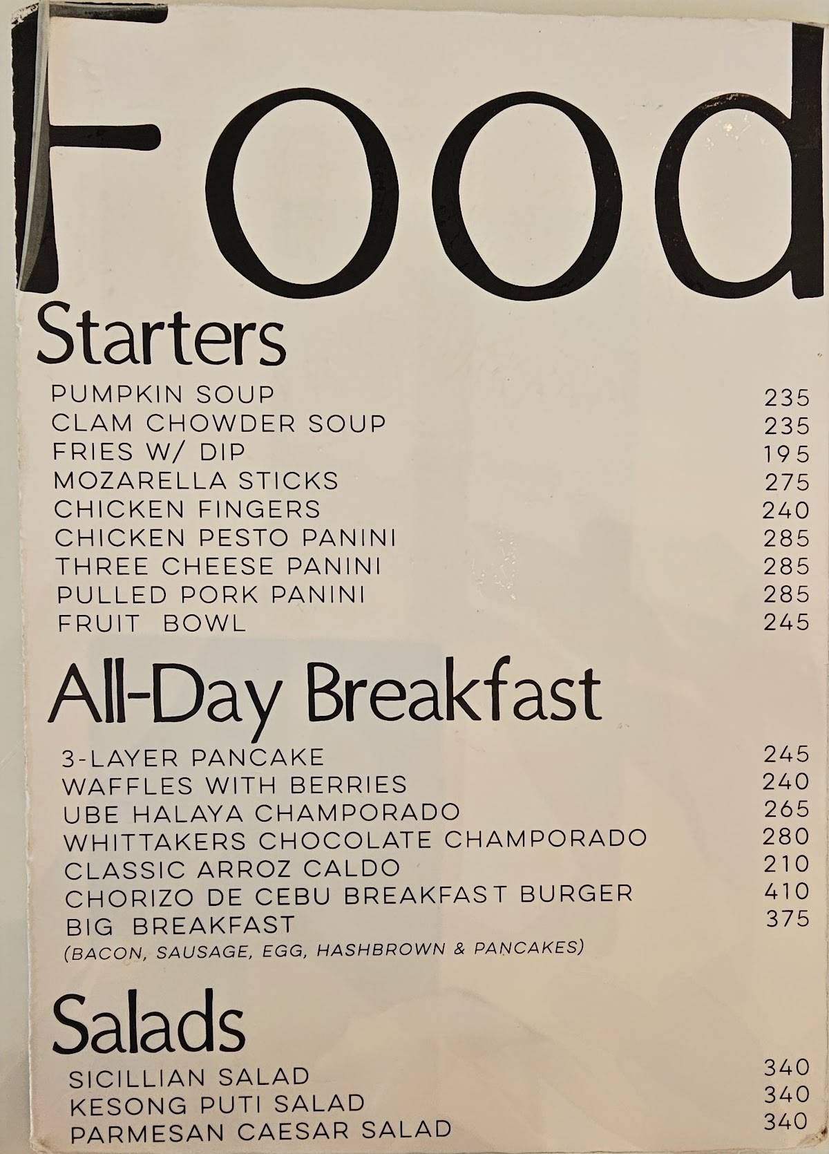 Menu at Concordia's Cafe, Parañaque