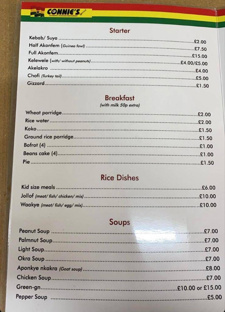 Menu at Connie's Authentic Ghanaian Restaurant, London