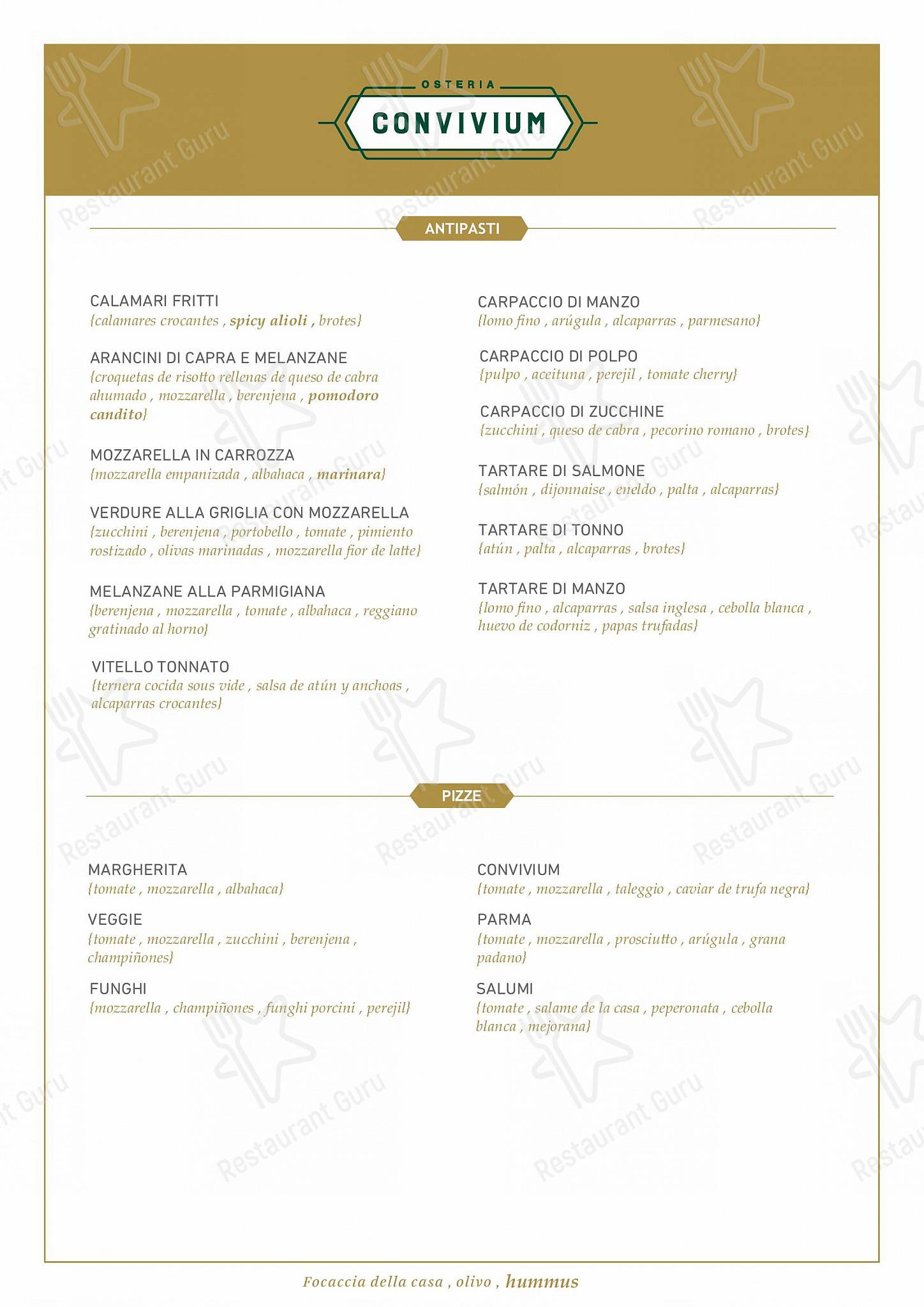 Carta del restaurante Osteria Convivium, Lima