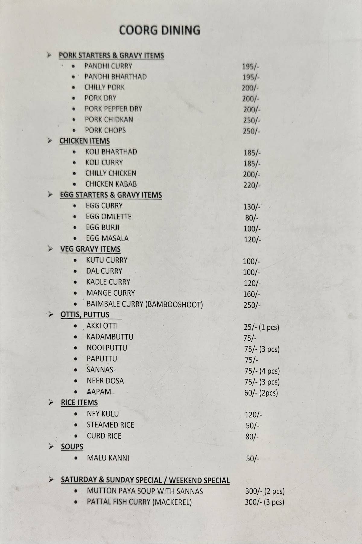 Menu at Coorg Dining, Bengaluru