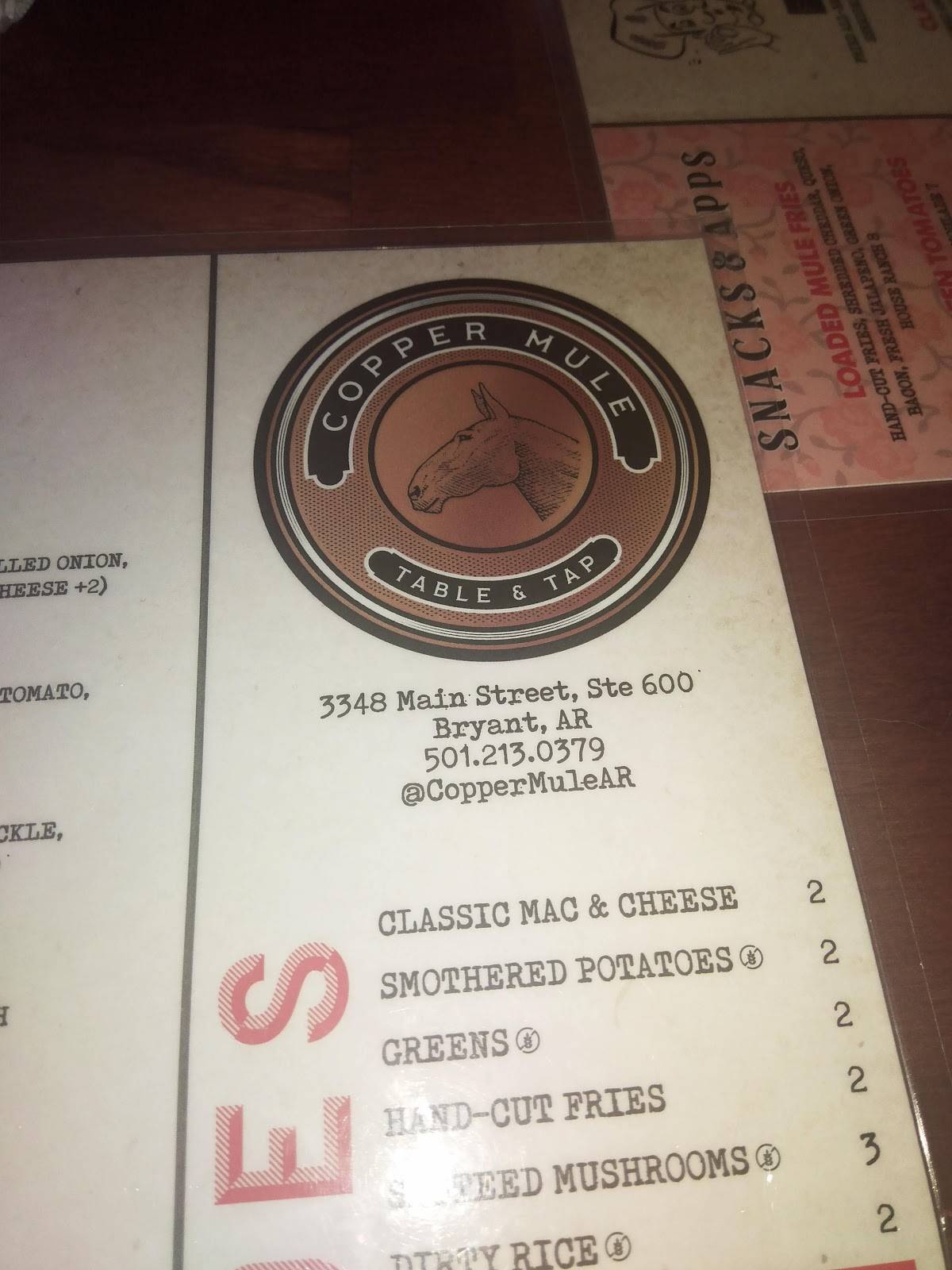 Menu at Copper Mule Table & Tap-Bryant pub & bar, Bryant