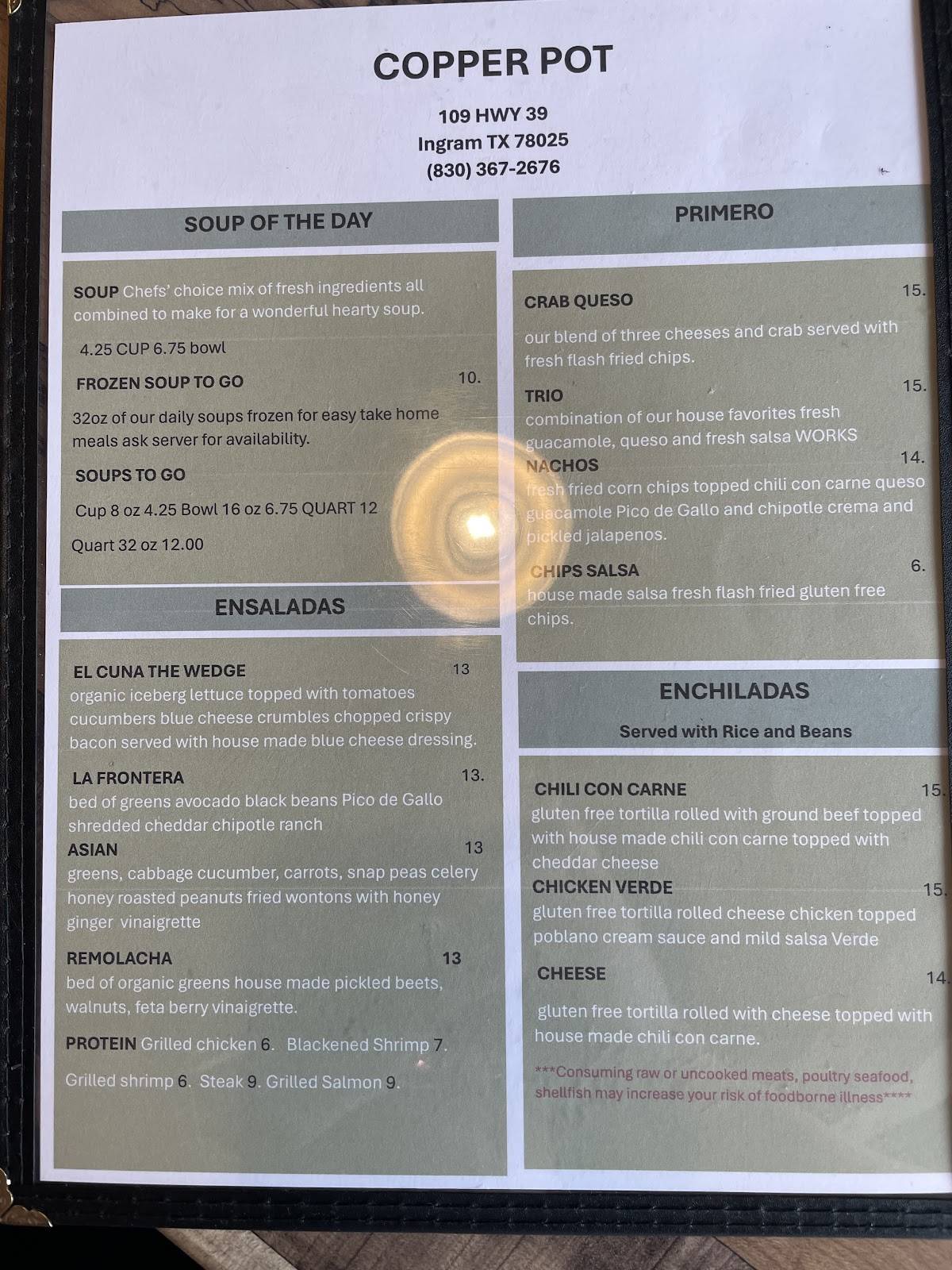 Menu at Copper Pot desserts, Ingram