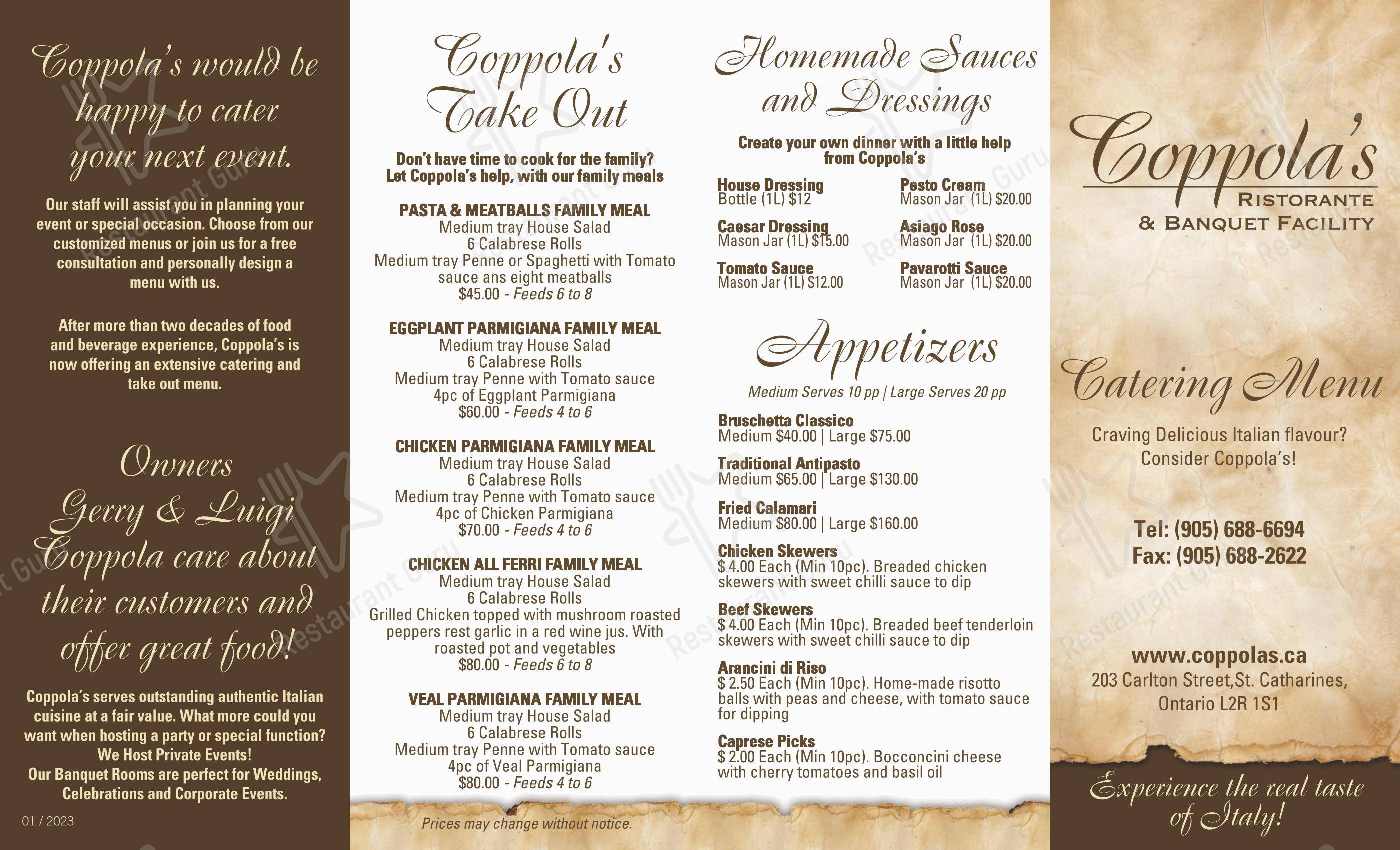 Menu at Coppola's Ristorante & Banquet Facility pizzeria, St. Catharines
