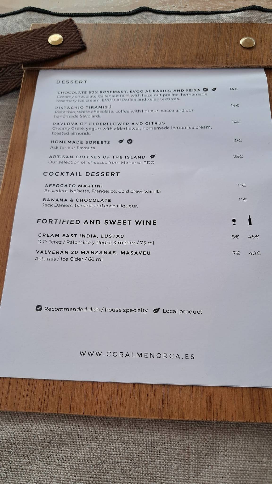 Carta del restaurante Coral Menorca, Torre del Ram