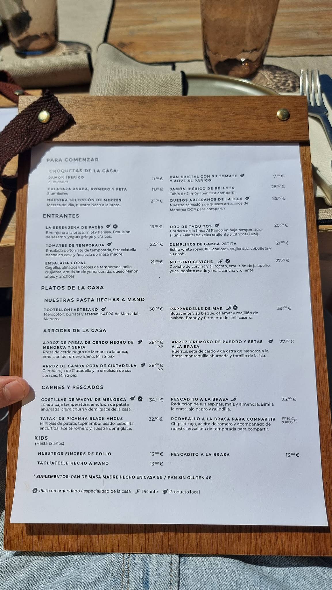 Carta del restaurante Coral Menorca, Torre del Ram