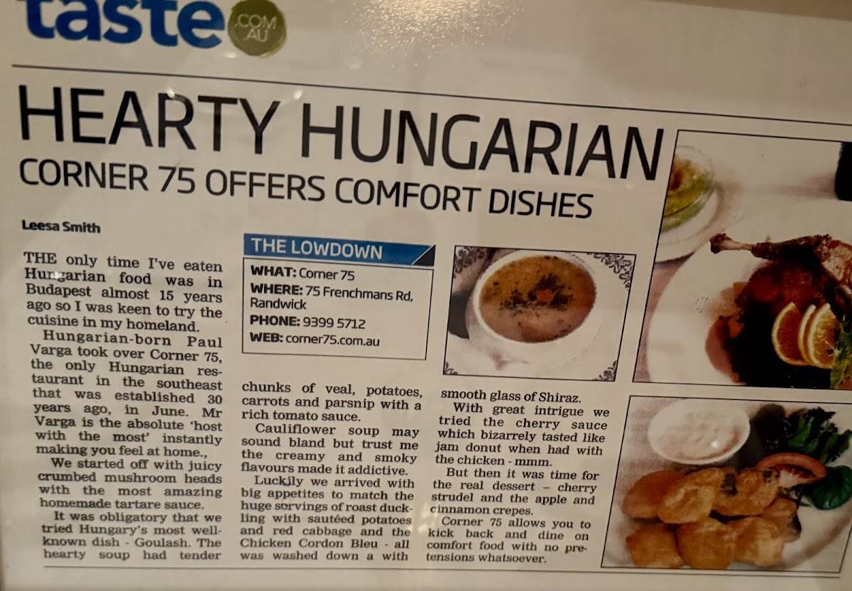 Menu at Corner 75 Hungarian Restaurant, Randwick