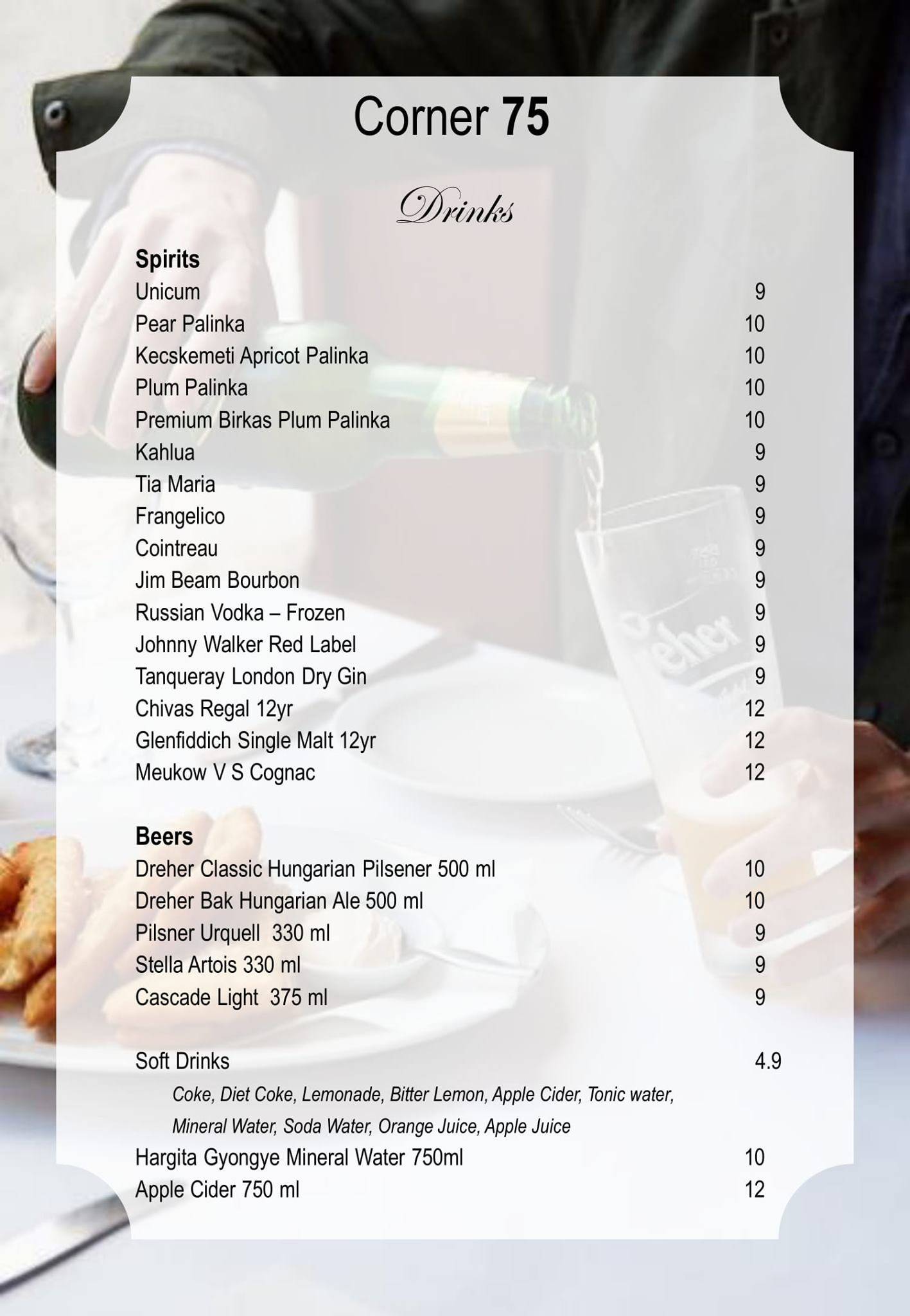 Menu at Corner 75 Hungarian Restaurant, Randwick