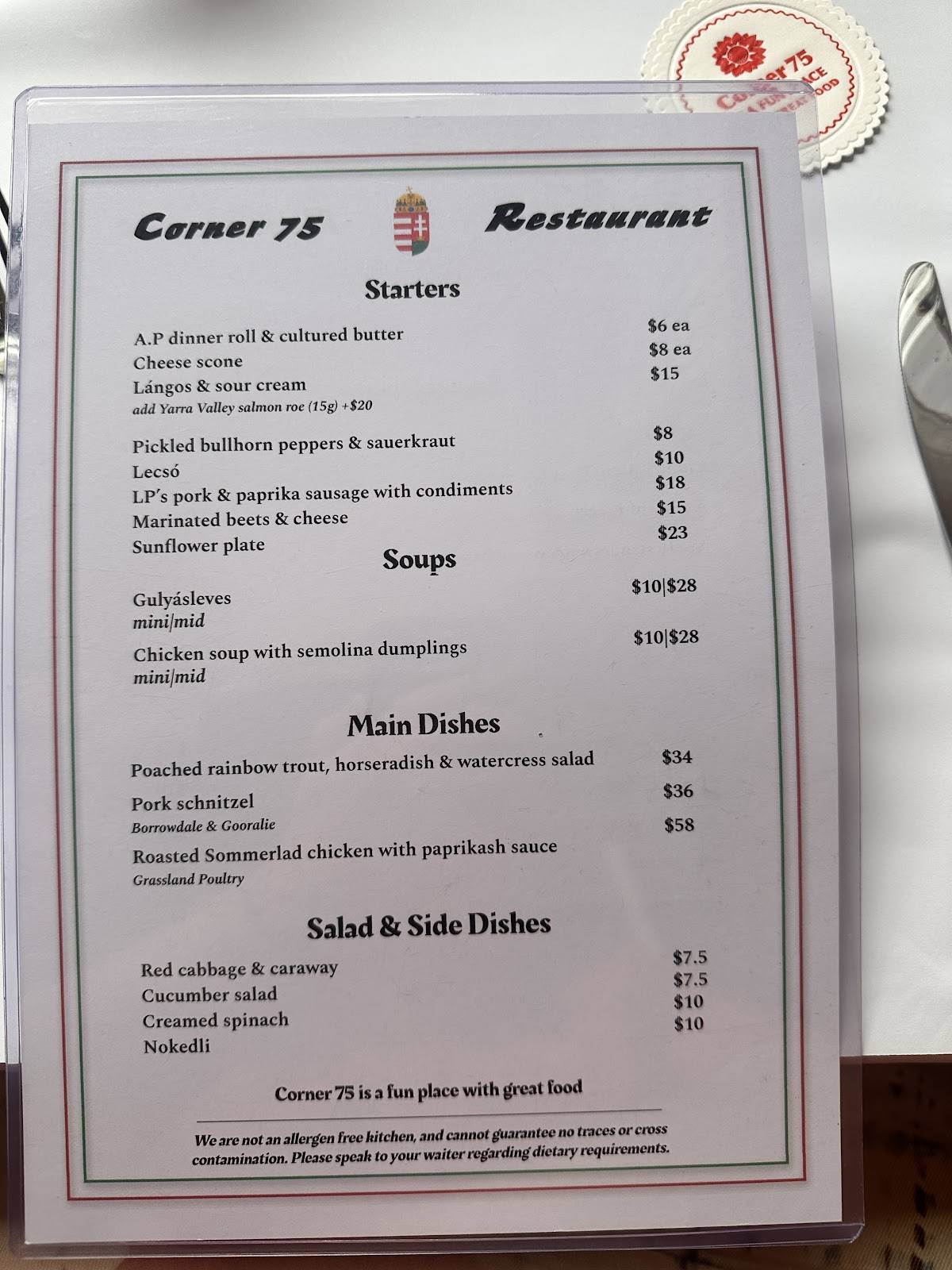 Menu at Corner 75 Hungarian Restaurant, Randwick