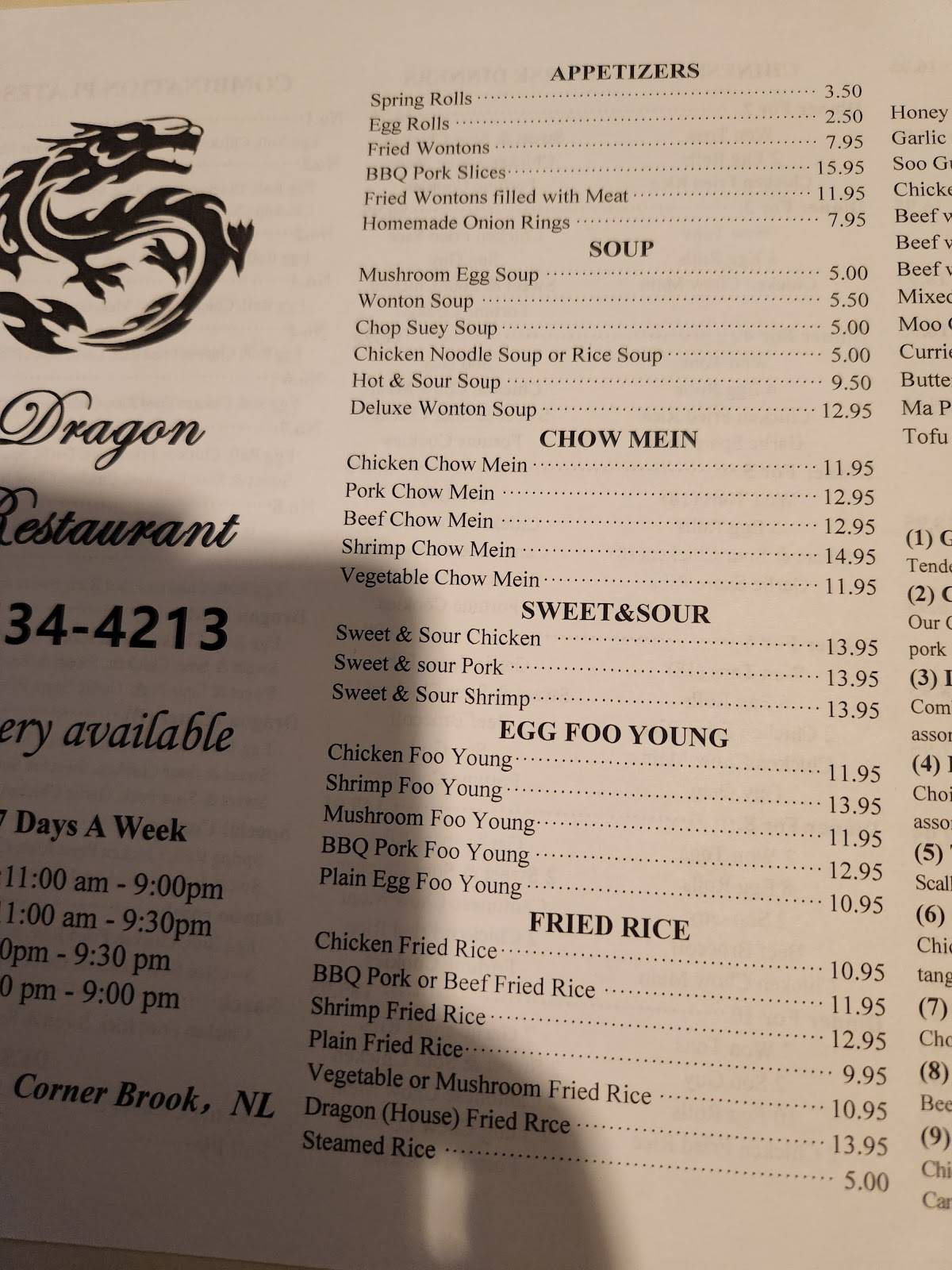 Menu at Dragon Restaurant, Corner Brook