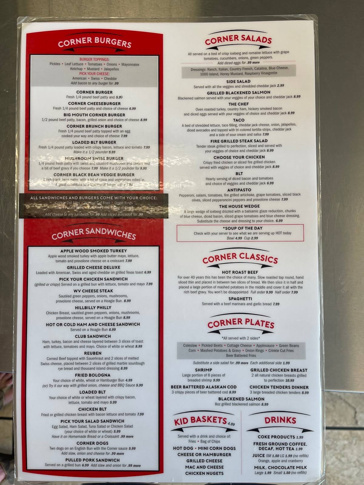 Menu at Corner Cafe, Parkersburg, 231 Ann St