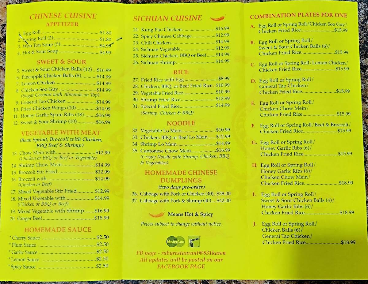 Menu at Ruby Chinese Restaurant, Cornwall