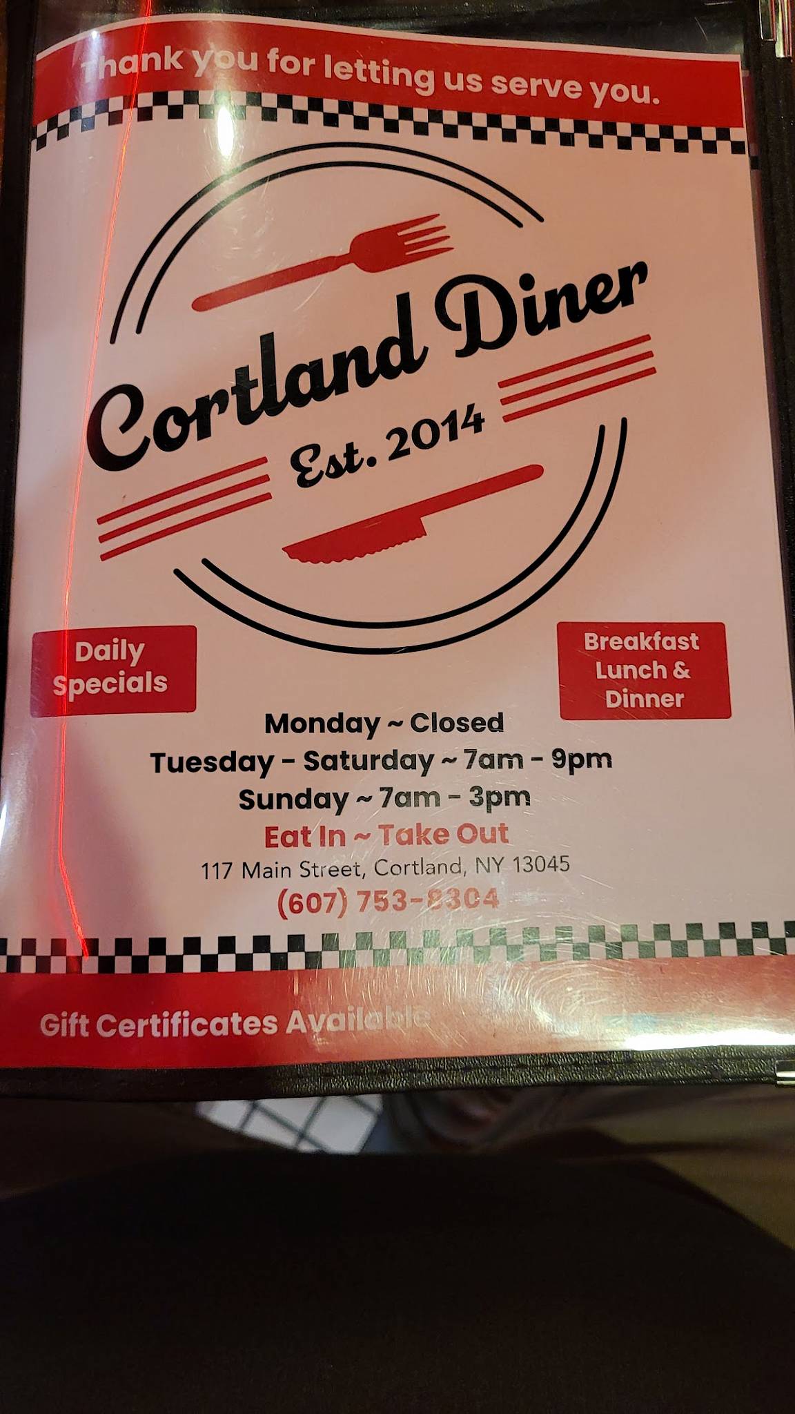Menu at Cortland Diner restaurant, Cortland, 117 Main St