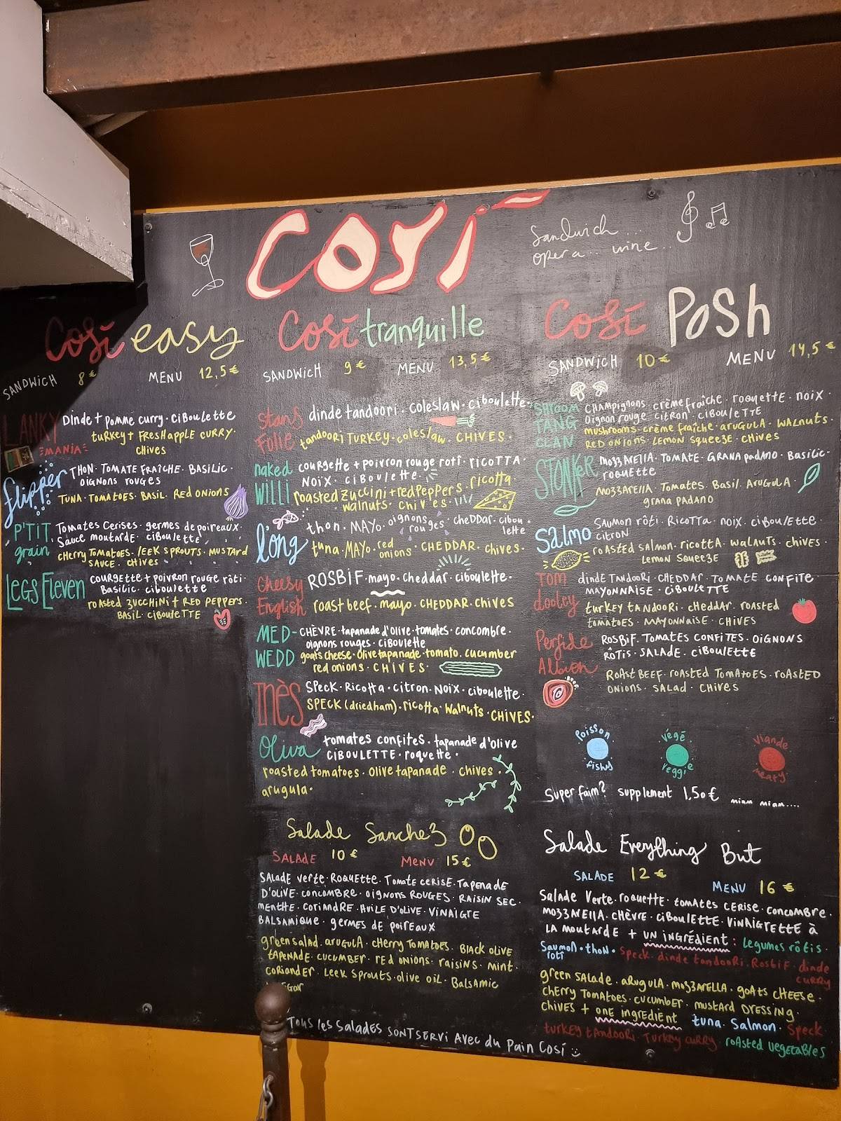 Menu au Cosi restaurant, Paris, 54 Rue de Seine