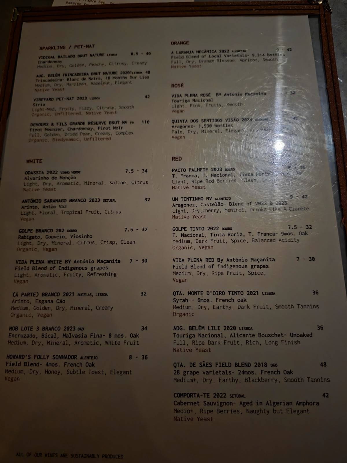 Menu at Cosmo restaurant, Lisbon